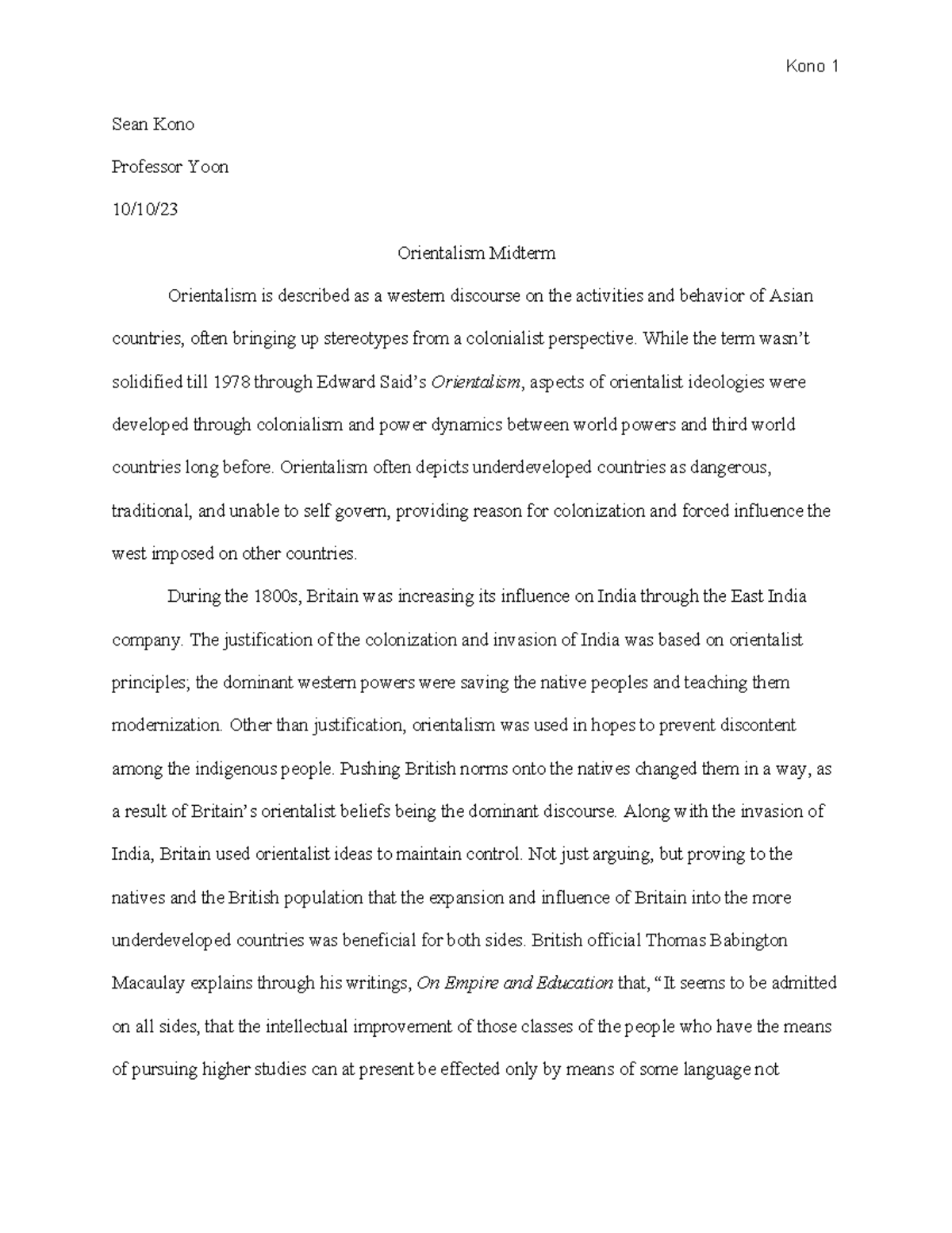 AAAS Midterm Essay - Sean Kono Professor Yoon 10/10/ Orientalism ...