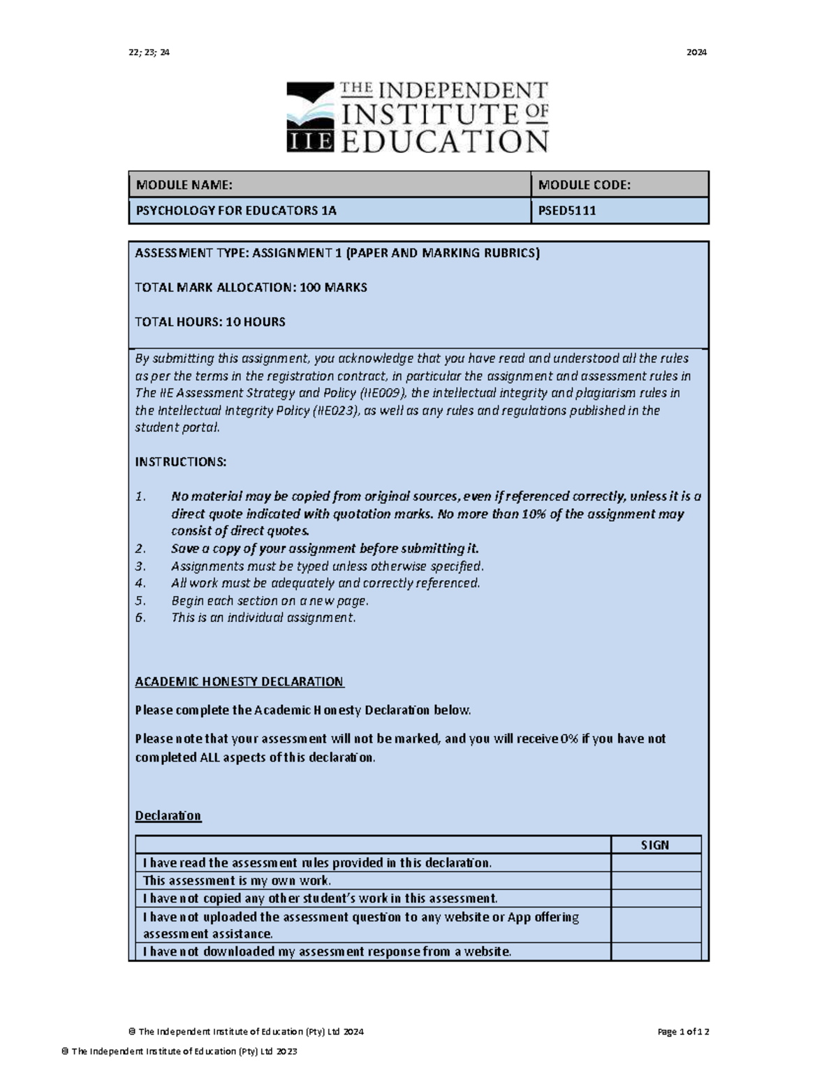 Psed A1 - © The Independent Institute of Education (Pty) Ltd 2024 Page ...
