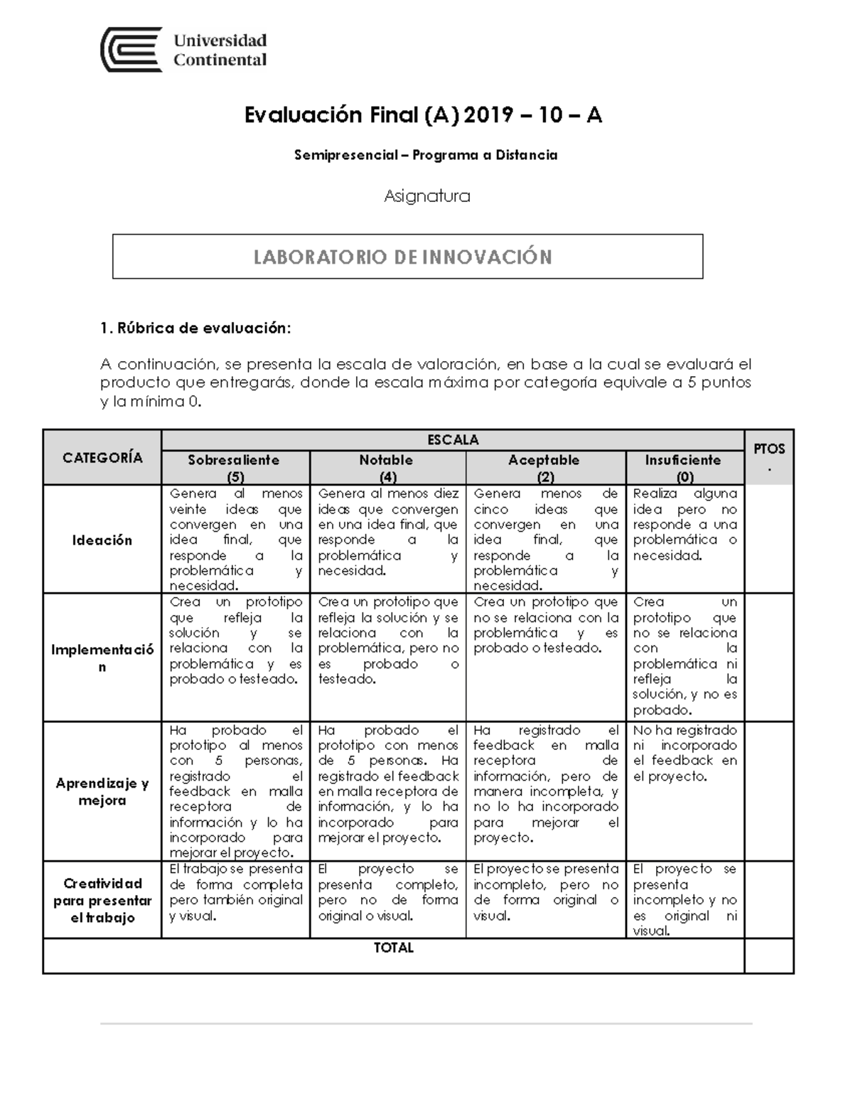 Laboratorio DE Innovación Rubrica A - Evaluación Final (A) 2019 – 10 – A Semipresencial ...