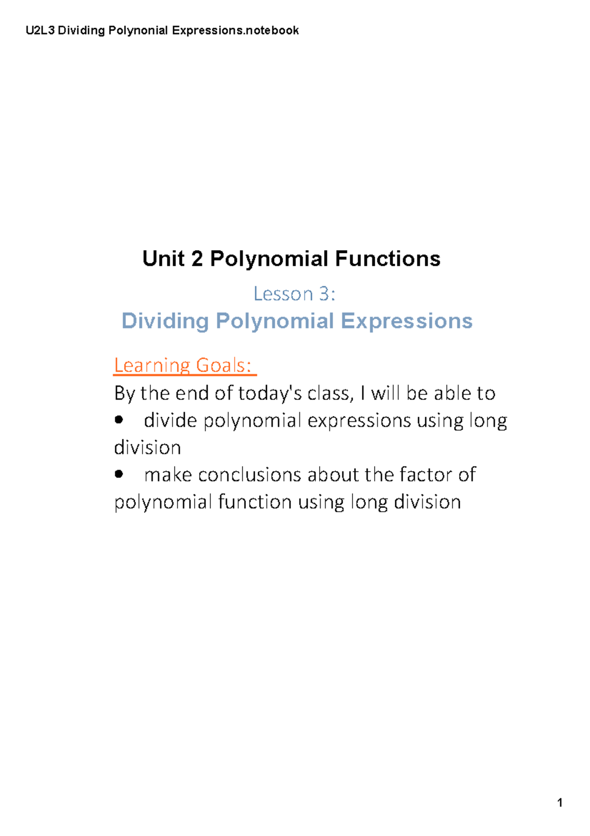 U2L3 Dividing Polynomial Expressions - Mississauga SS - Studocu