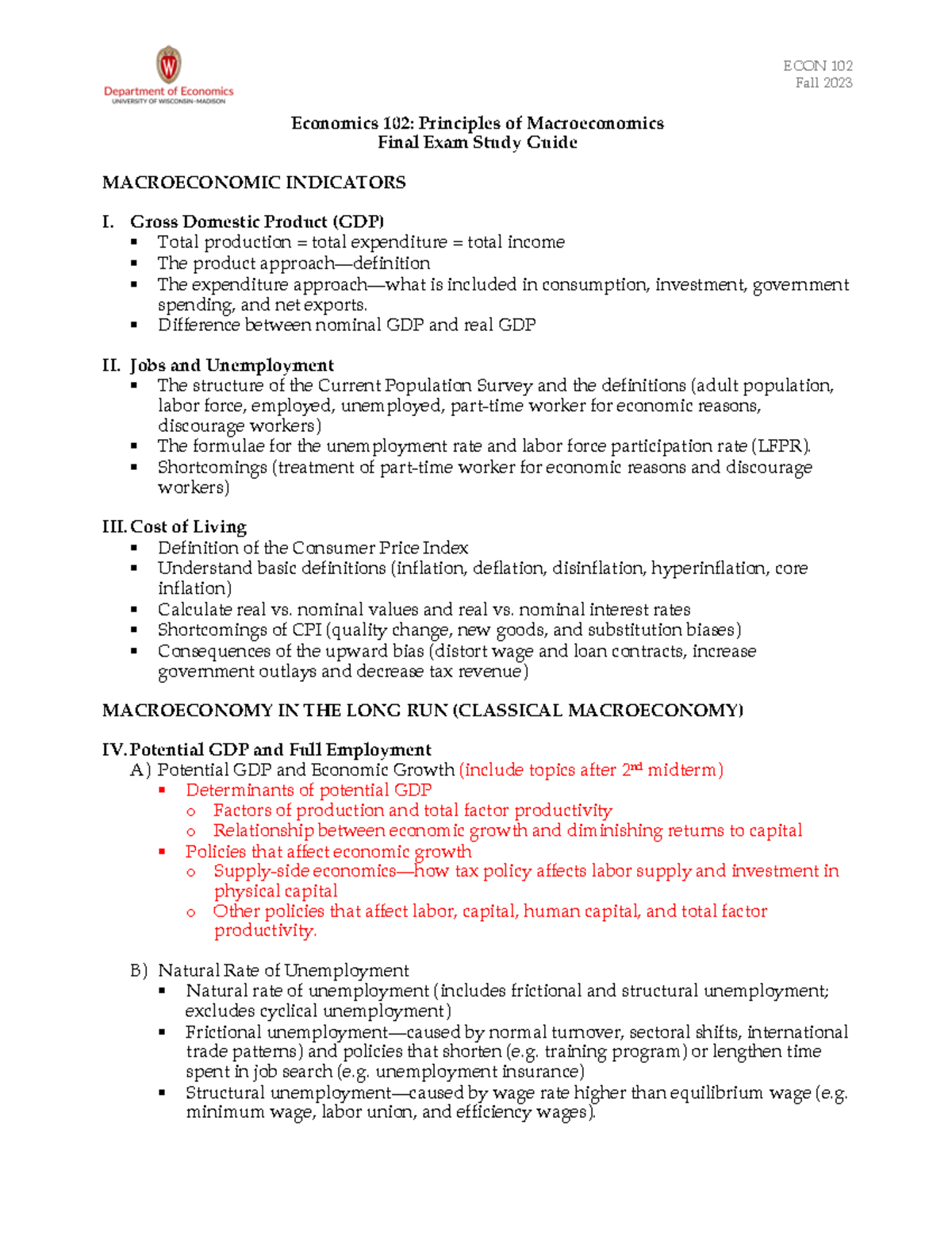 Econ102 F23 Final Study Guide - Fall 2023 Economics 102: Principles of ...
