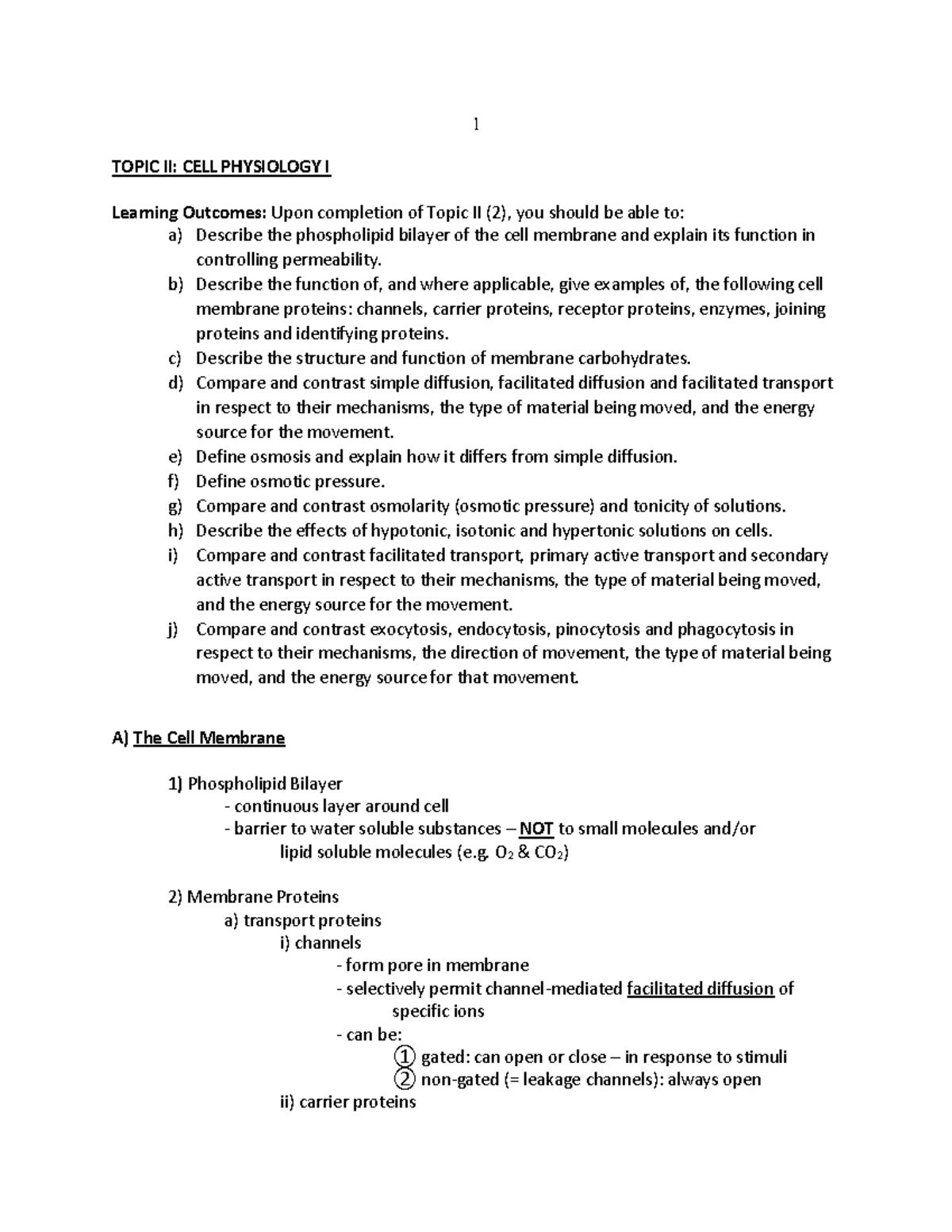 Topic II Cell Physiology I - TOPIC II: CELL PHYSIOLOGY I Learning ...