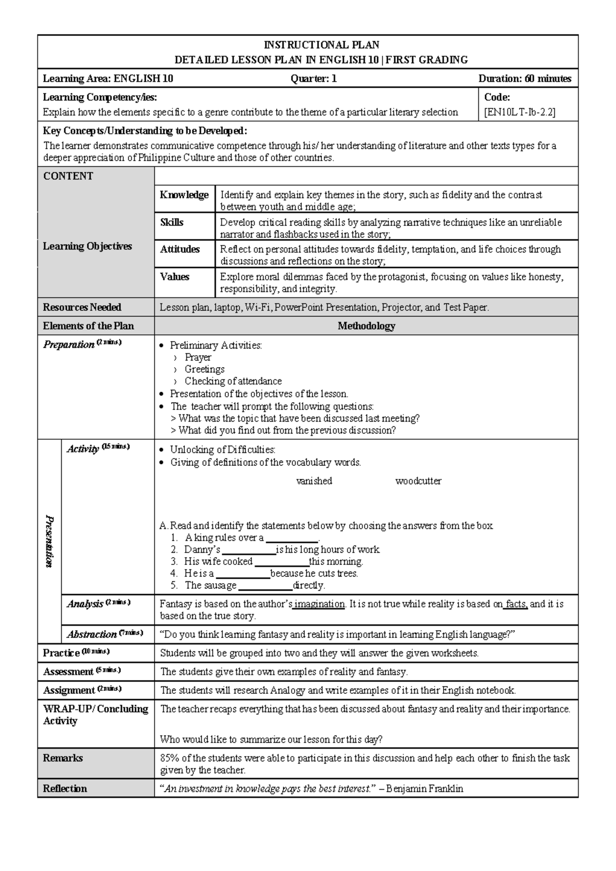 Learning Plan Template for Lit - INSTRUCTIONAL PLAN DETAILED LESSON ...