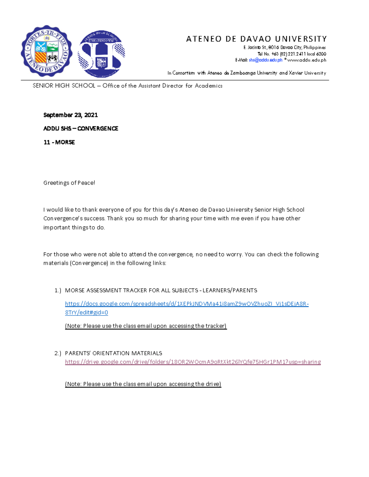 ADDU SHS Convergence 2021 - 2022 - A T E N E O D E D A V A O U N I V E ...