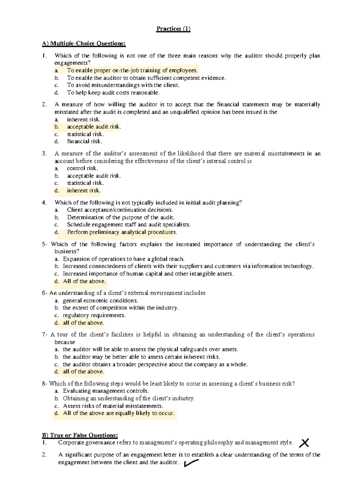 Practices 1 - Practice for auditing - Practices (1) A) Multiple-Choice Questions: Which of the ...