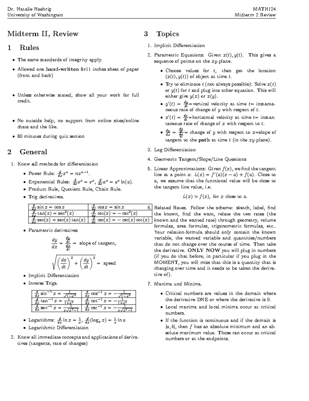 Midterm II review - Current practice material for exams - Dr. Natalie Naehrig University of ...