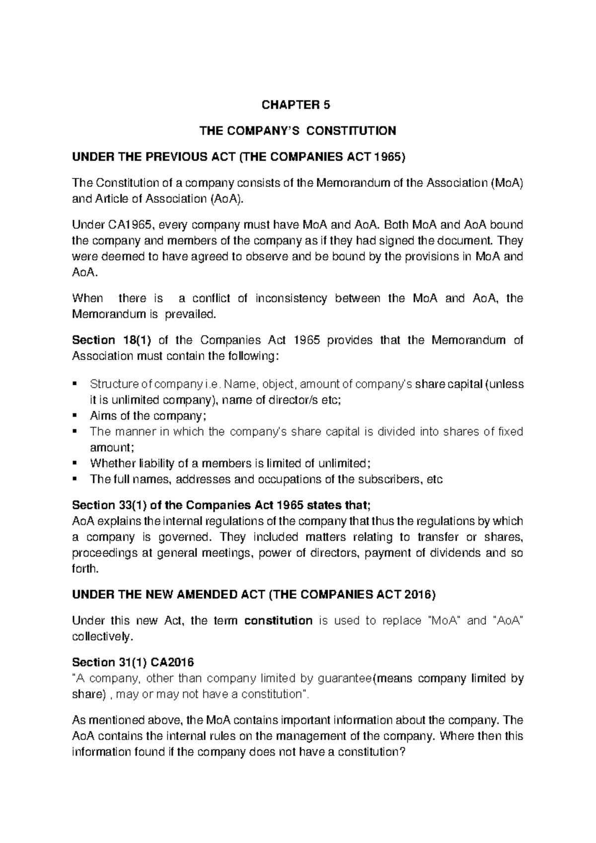 Chapter 5 & 6 (law346) - CHAPTER 5 THE COMPANY’S CONSTITUTION UNDER THE PREVIOUS ACT (THE ...