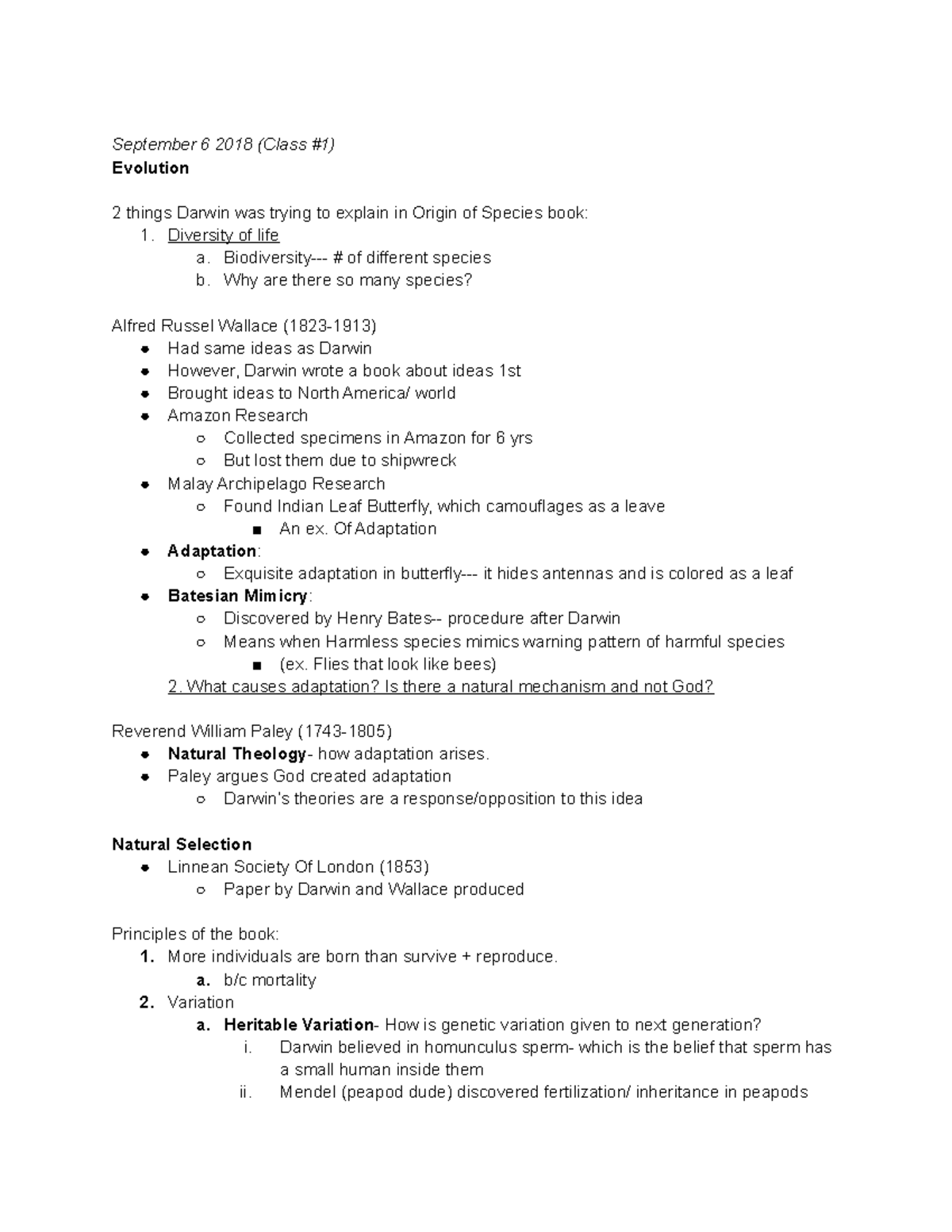 Primates Notes - September 6 2018 (Class #1) Evolution 2 things Darwin ...