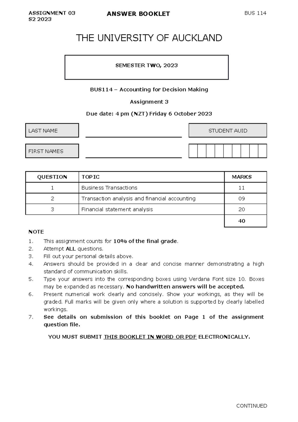 BUS114 Assignment 03 S3 2023 - Answer Booklet - ASSIGNMENT 03 S2 2023 ANSWER BOOKLET BUS 114 THE ...
