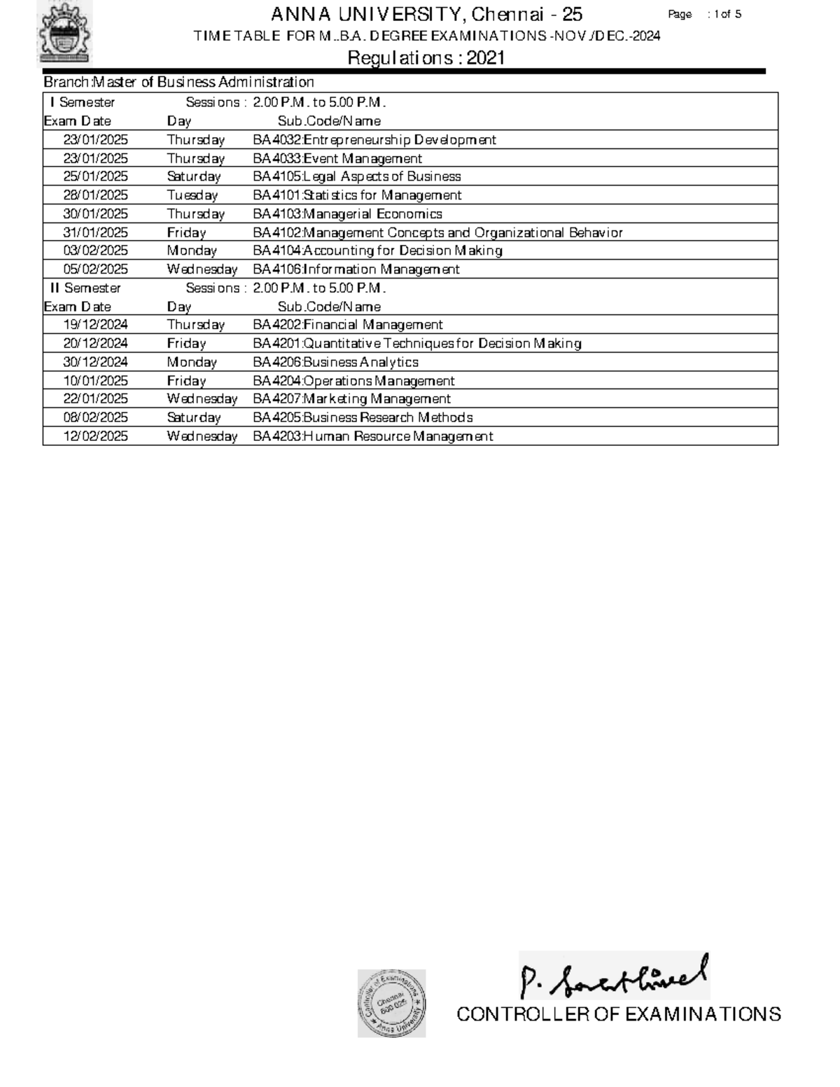 Mba2021 - RM and IPR - ANNA UNIVERSITY, Chennai - 25 TIME TABLE FOR M ...
