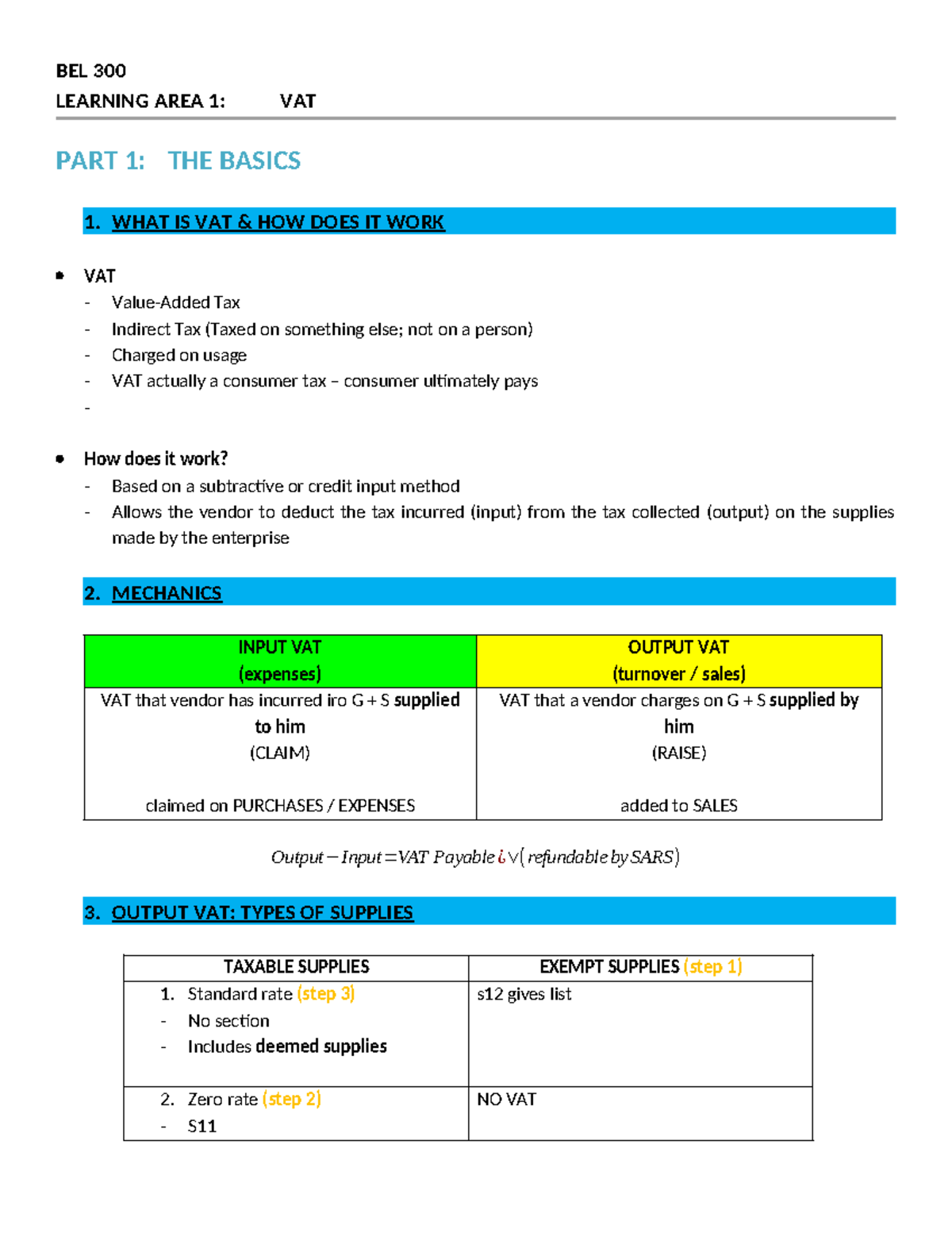 VAT Notes 1 Part 1 4 - Summary Taxation III - BEL 300 LEARNING AREA 1 ...