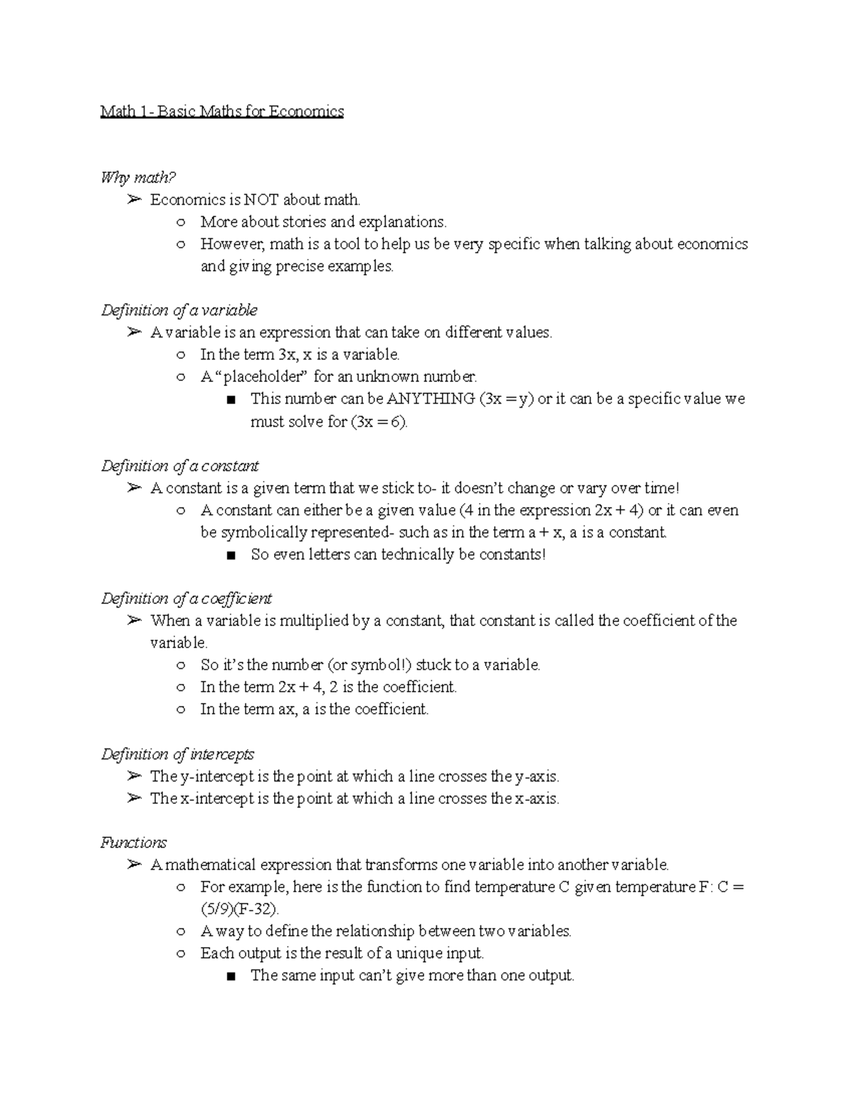 Microeconomic Principles, Math 1 - Math 1- Basic Maths for Economics ...