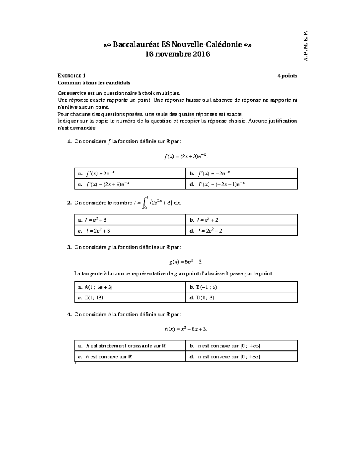 Annale maths bac es l nouvelle caledonie novembre 2016 sujet - A. P. M. E. P. [ Baccalauréat ES ...