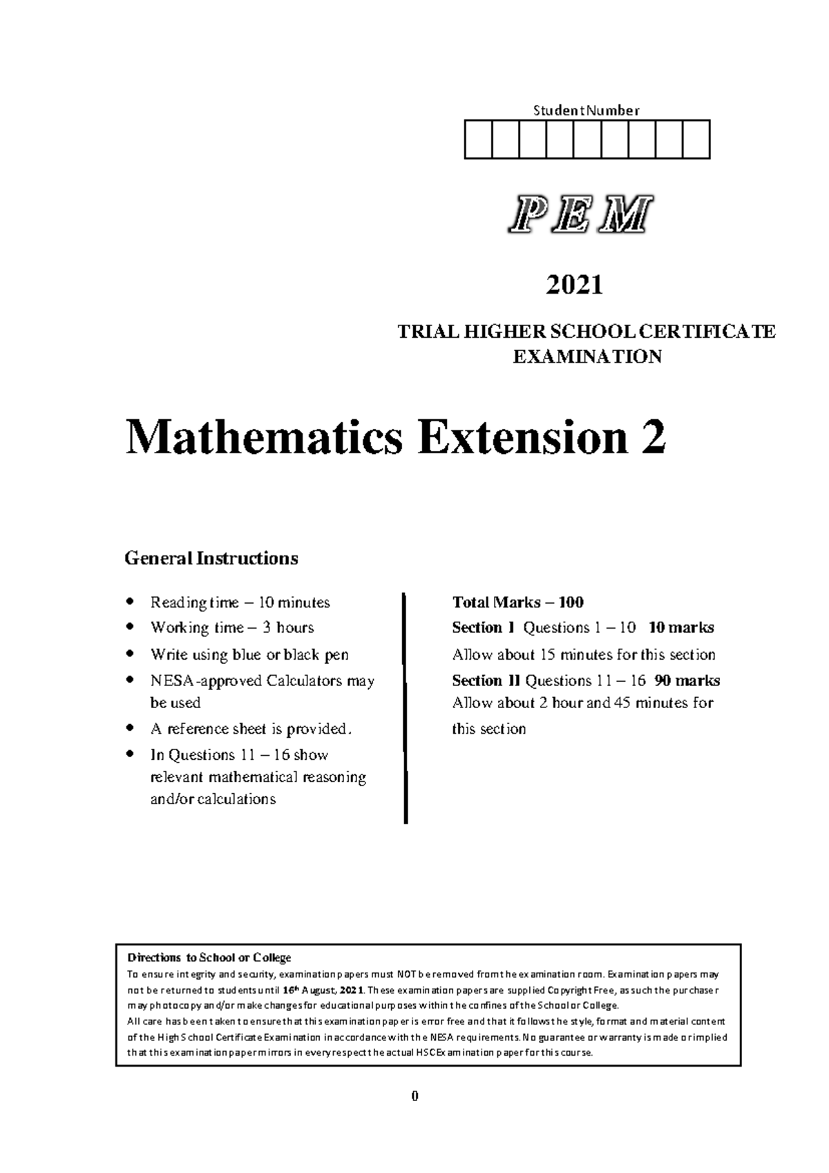 PEM 2021 Mathematics Extension 2 Trial HSC Examination paper - Student ...