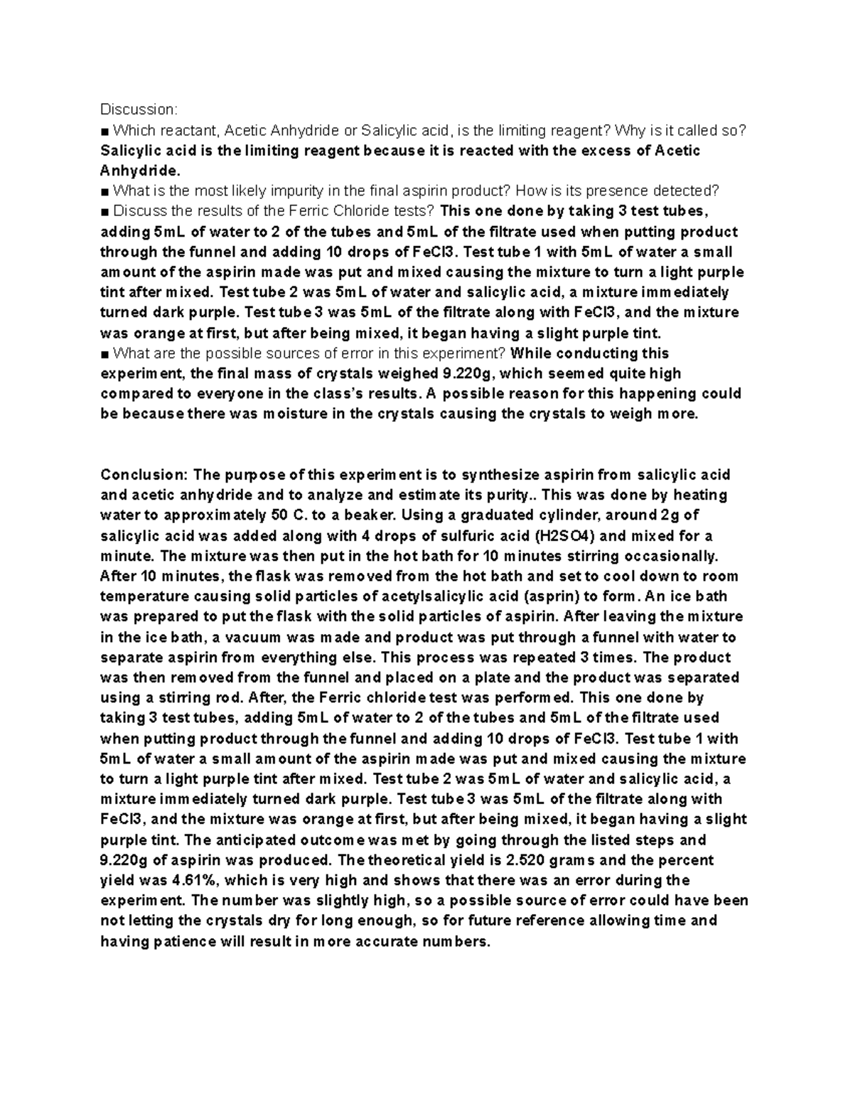 Asprin - Google Docs - Discussion: Which reactant, Acetic Anhydride or Salicylic acid, is the ...