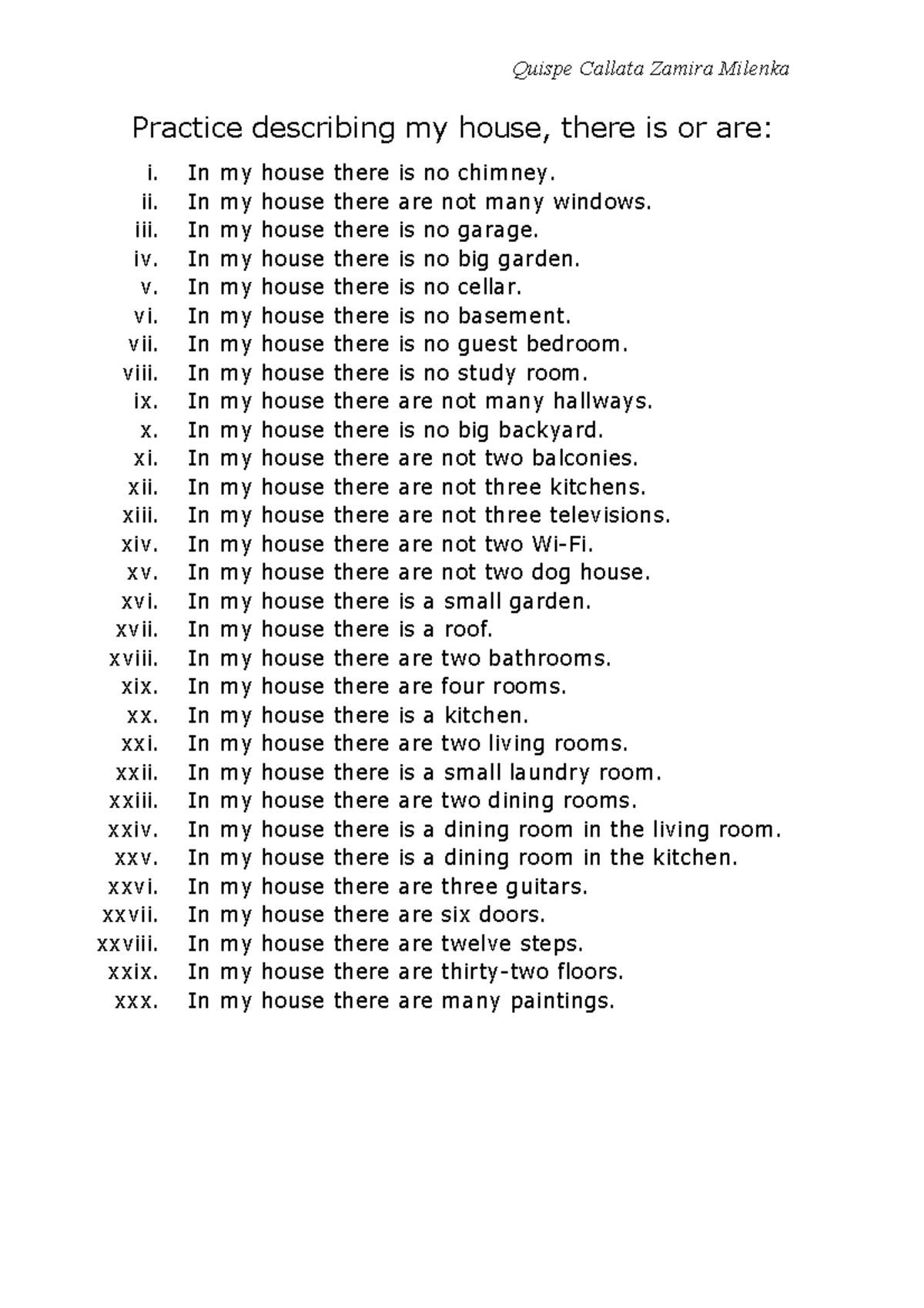 House - Inglés practice - Quispe Callata Zamira Milenka Practice ...