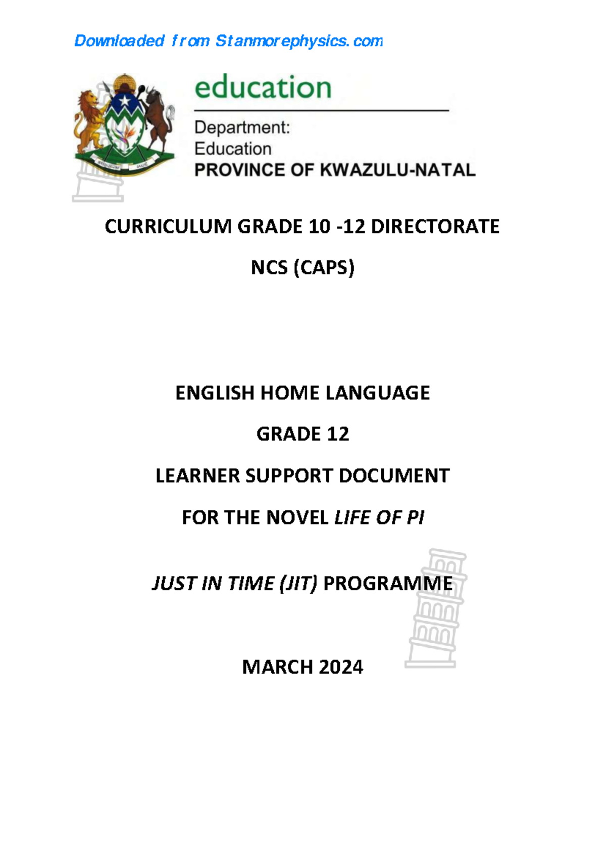 KZN JIT English HL Grade 12 Life of Pie Learner Guide 2024 - CURRICULUM ...