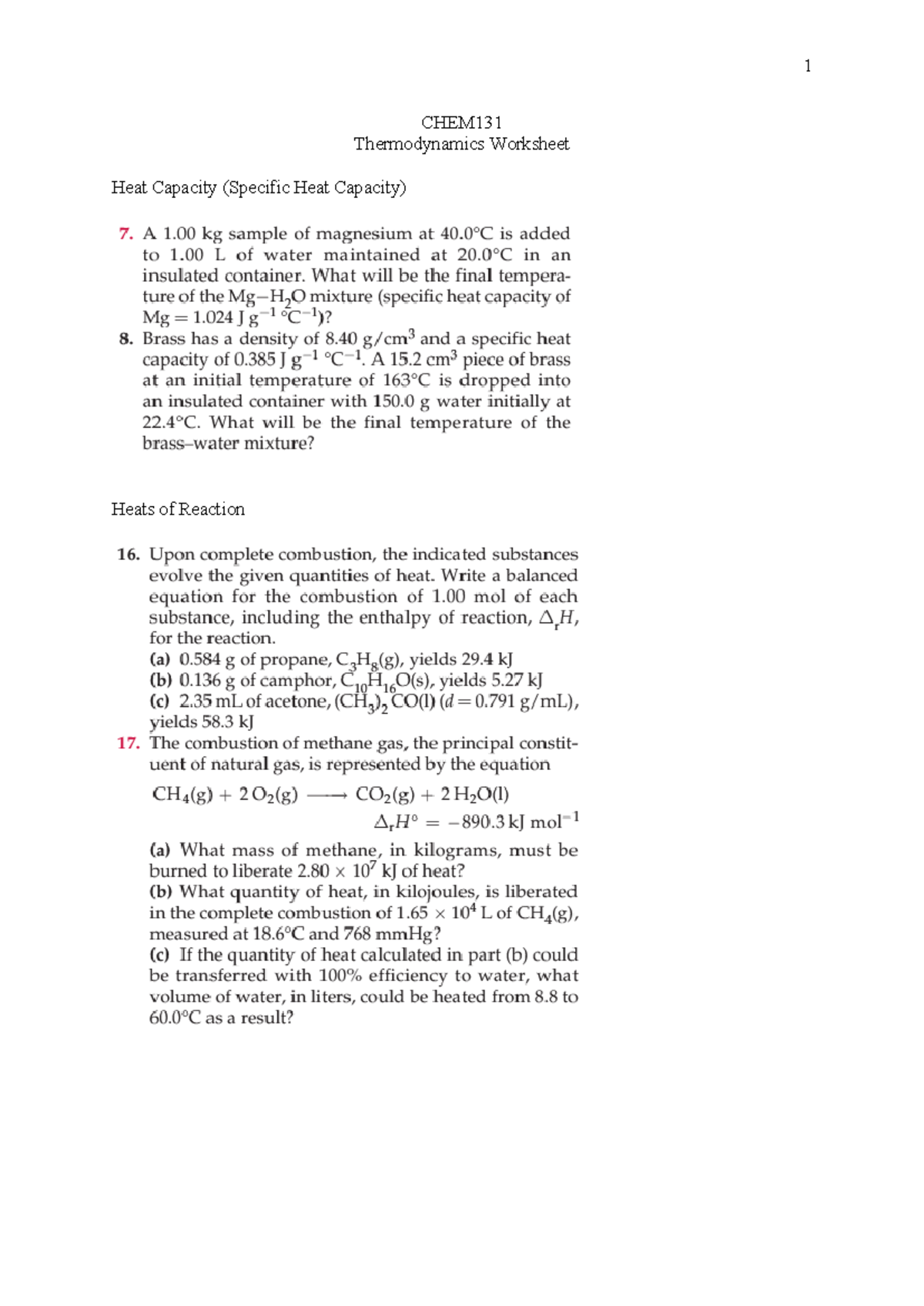 Thermodynamics Worksheet - General Chemistry 1 - 1 CHEM Thermodynamics ...