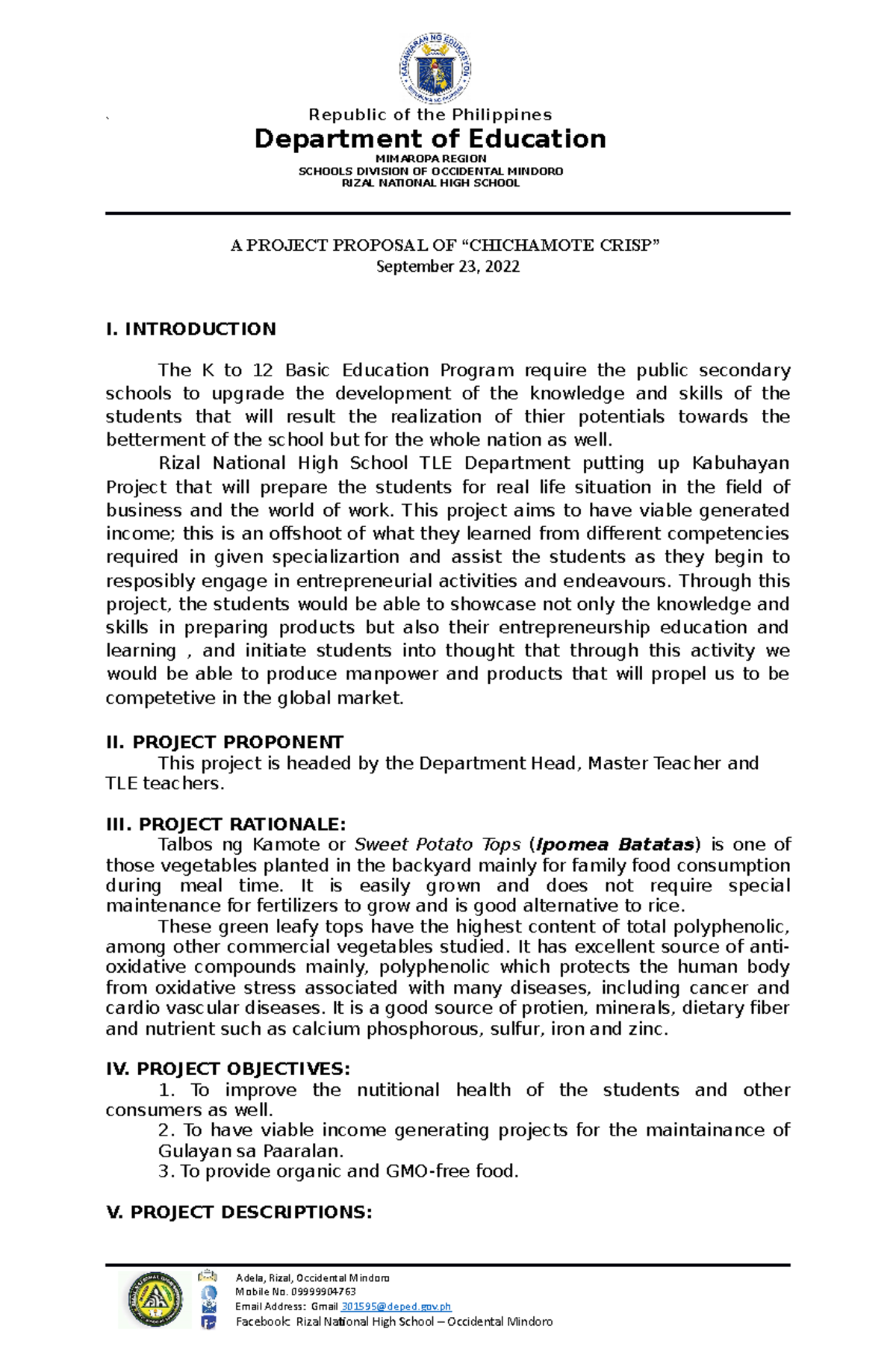 Crispy-Camote - project proposal - ` A PROJECT PROPOSAL OF “CHICHAMOTE CRISP” September 23, 2022 ...