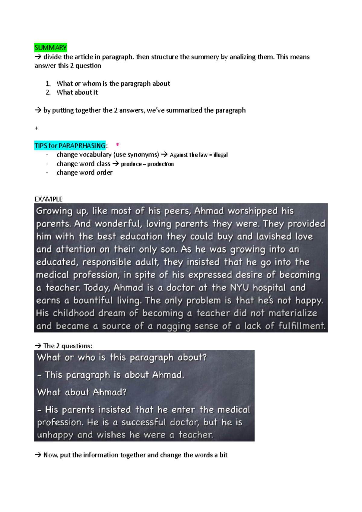 Summary tips - SUMMARY divide the article in paragraph, then structure ...