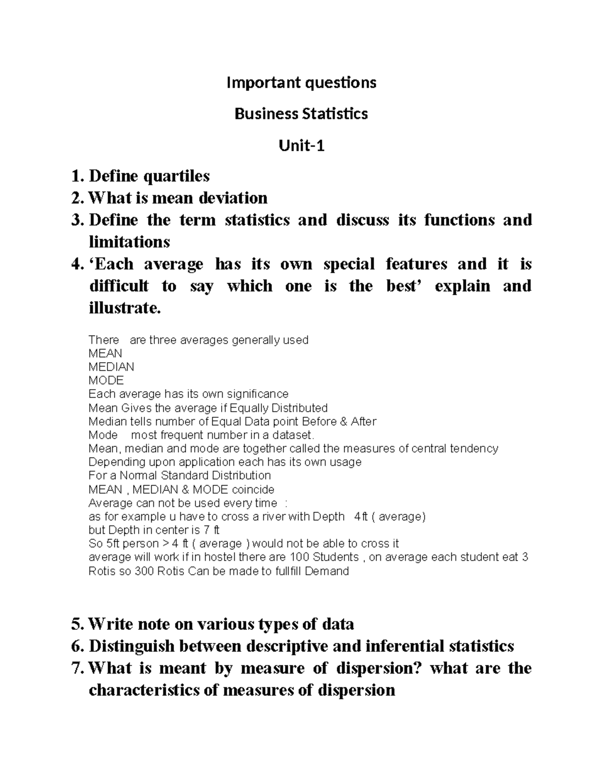 Important questions unit 1 - Important questions Business Statistics ...