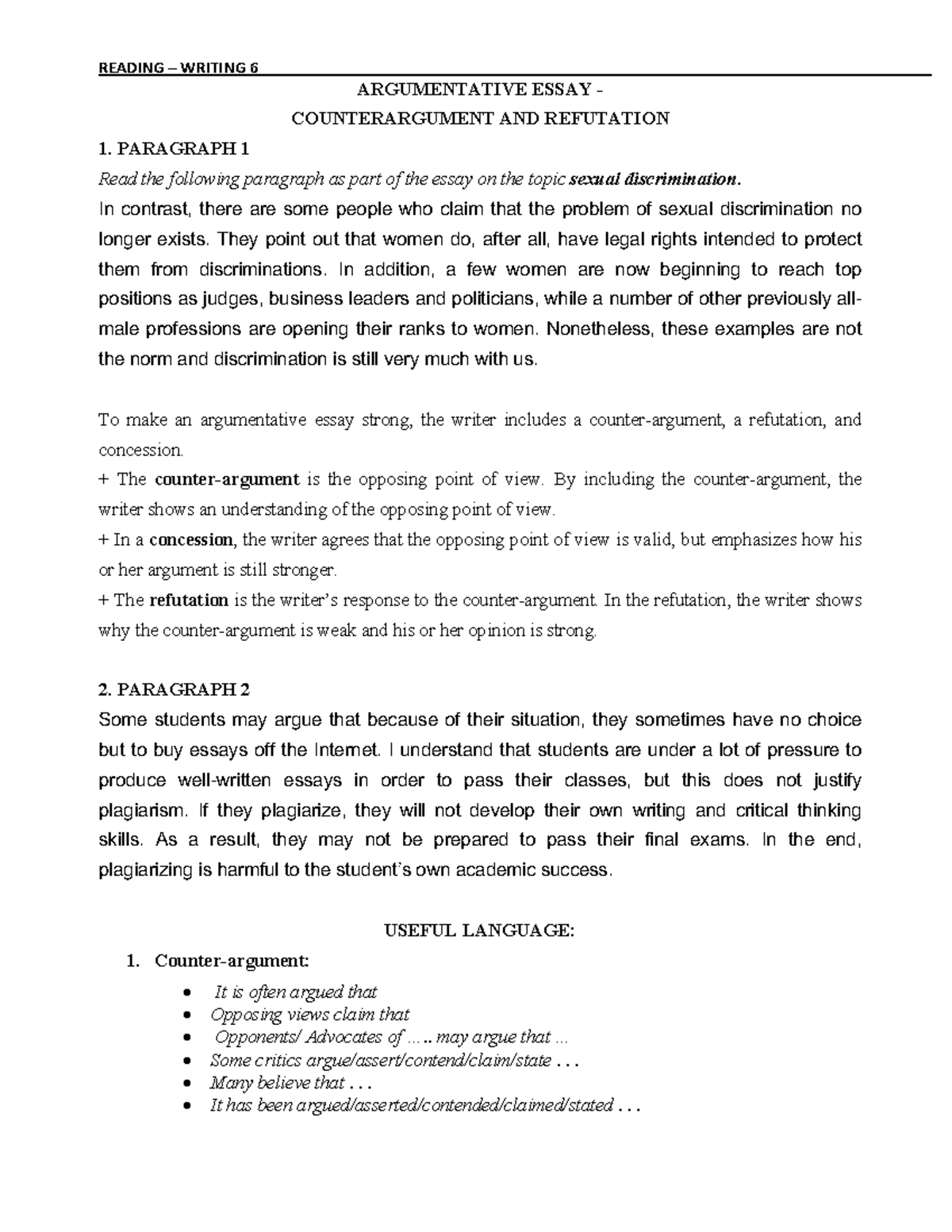 Argumentative essay counter Argument - READING – WRITING 6 ...