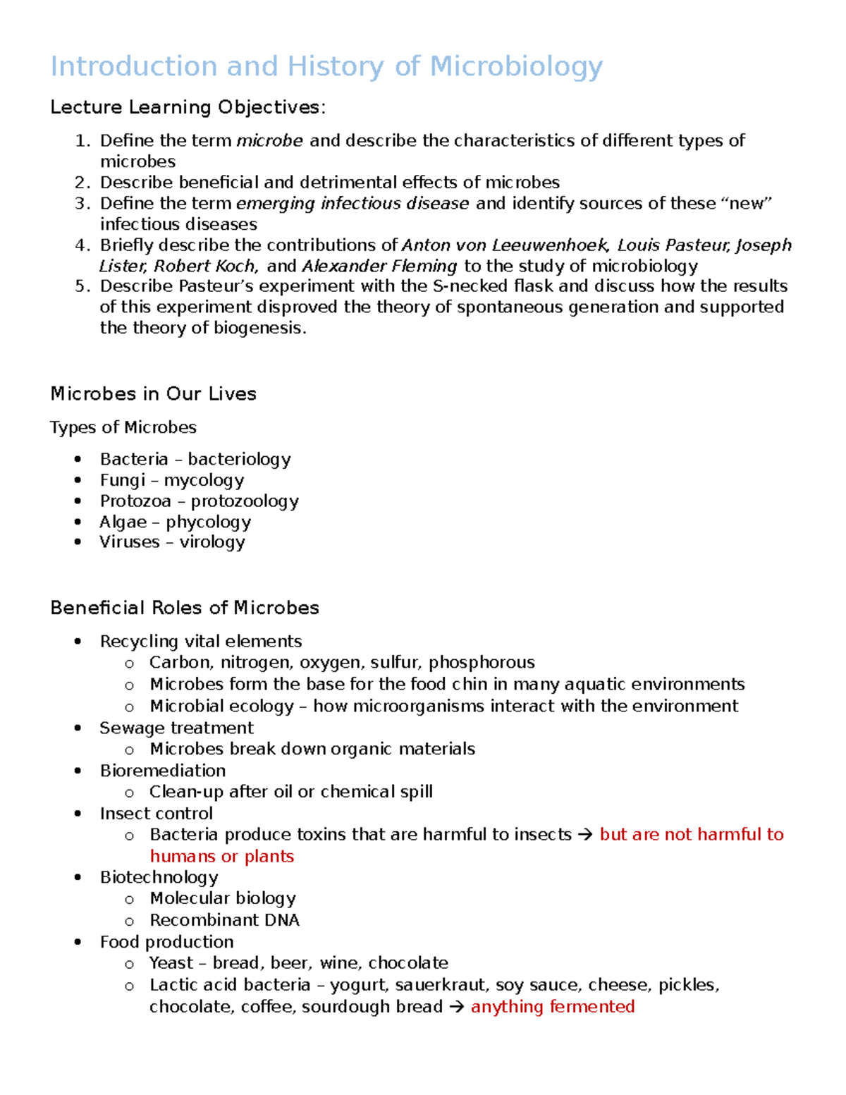Micro exam 1 notes - Introduction and History of Microbiology Lecture ...