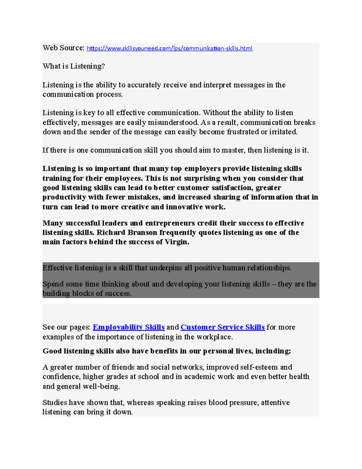 Listening reading material - Web Source: skillsyouneed/ips ...