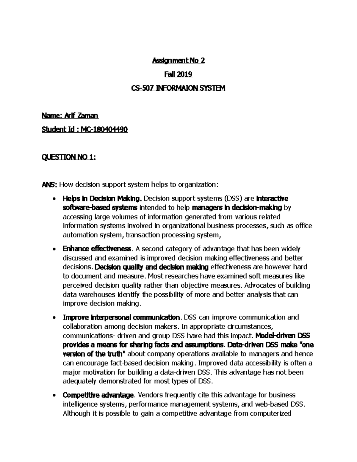 CS507 Assignmnet # 2 - Assignment No 2 Fall 2019 CS- 507 INFORMAION SYSTEM Name: Arif Zaman ...