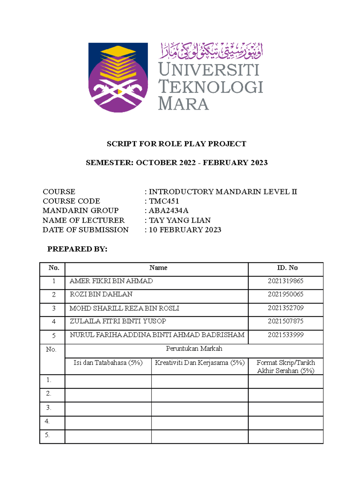 TMC 451 Role Play Script - SCRIPT FOR ROLE PLAY PROJECT SEMESTER: OCTOBER 2022 - FEBRUARY 2023 ...