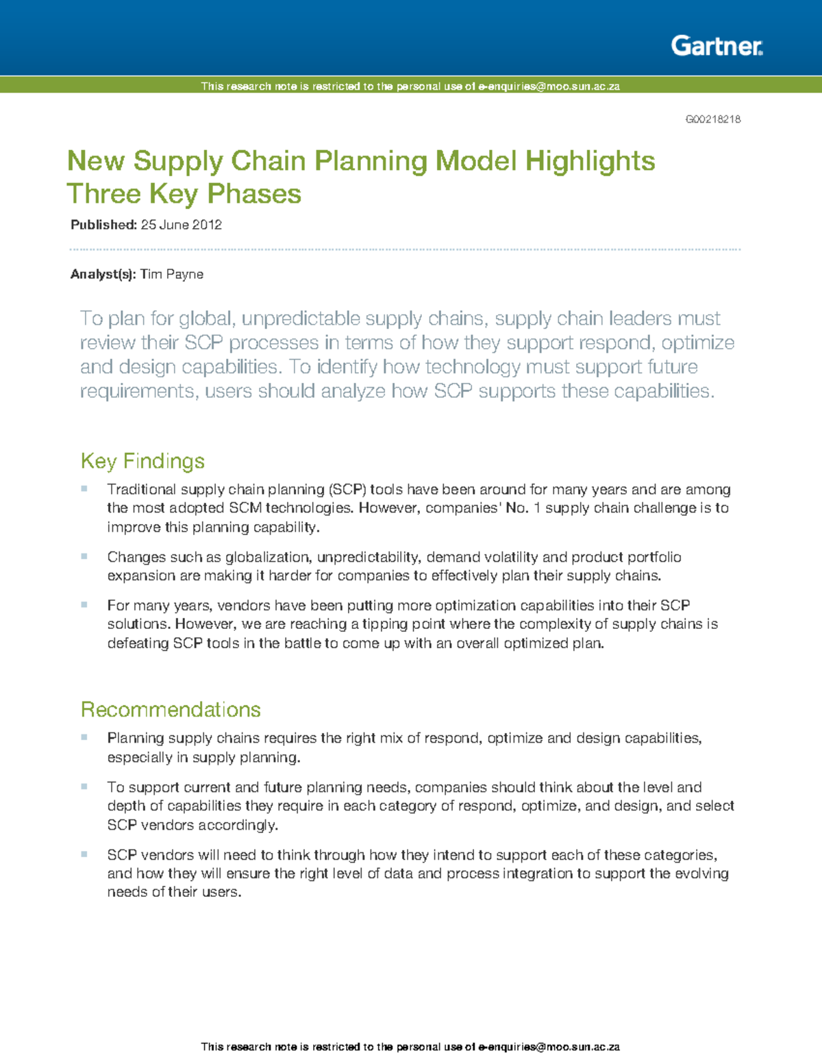 New Supply Chain Planning Model Highlights Three Key Phases (Gartner ...