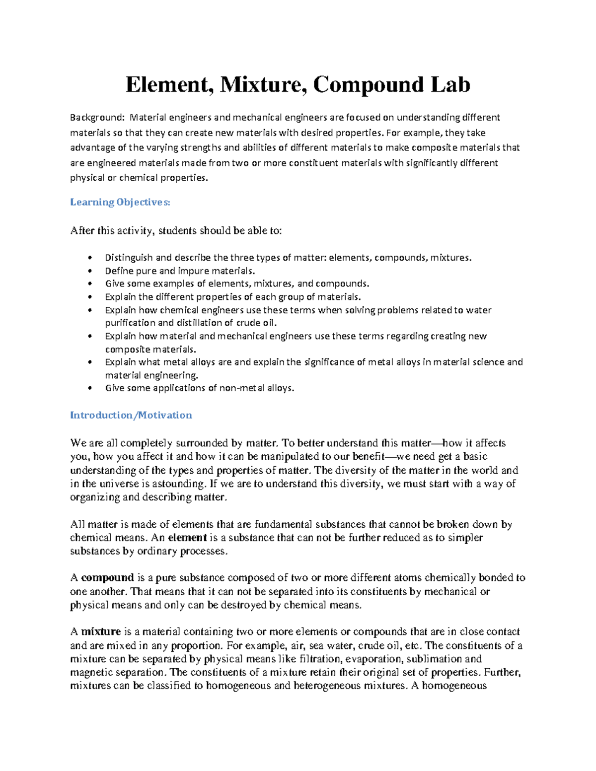 6.Element,Compound,Mixture Lab - Element, Mixture, Compound Lab ...