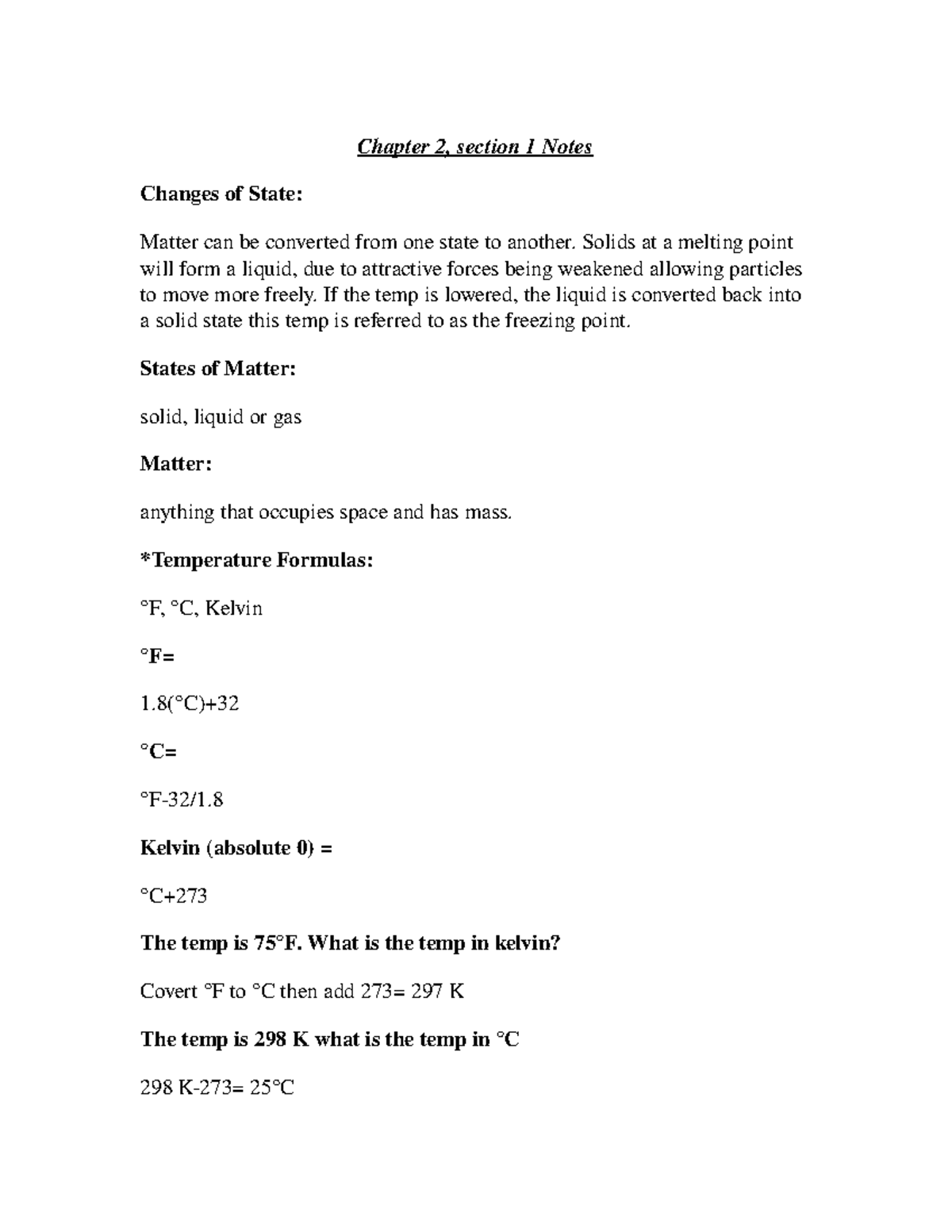 Chem1010 Chapter 2 part 1 - Chapter 2, section 1 Notes Changes of State ...