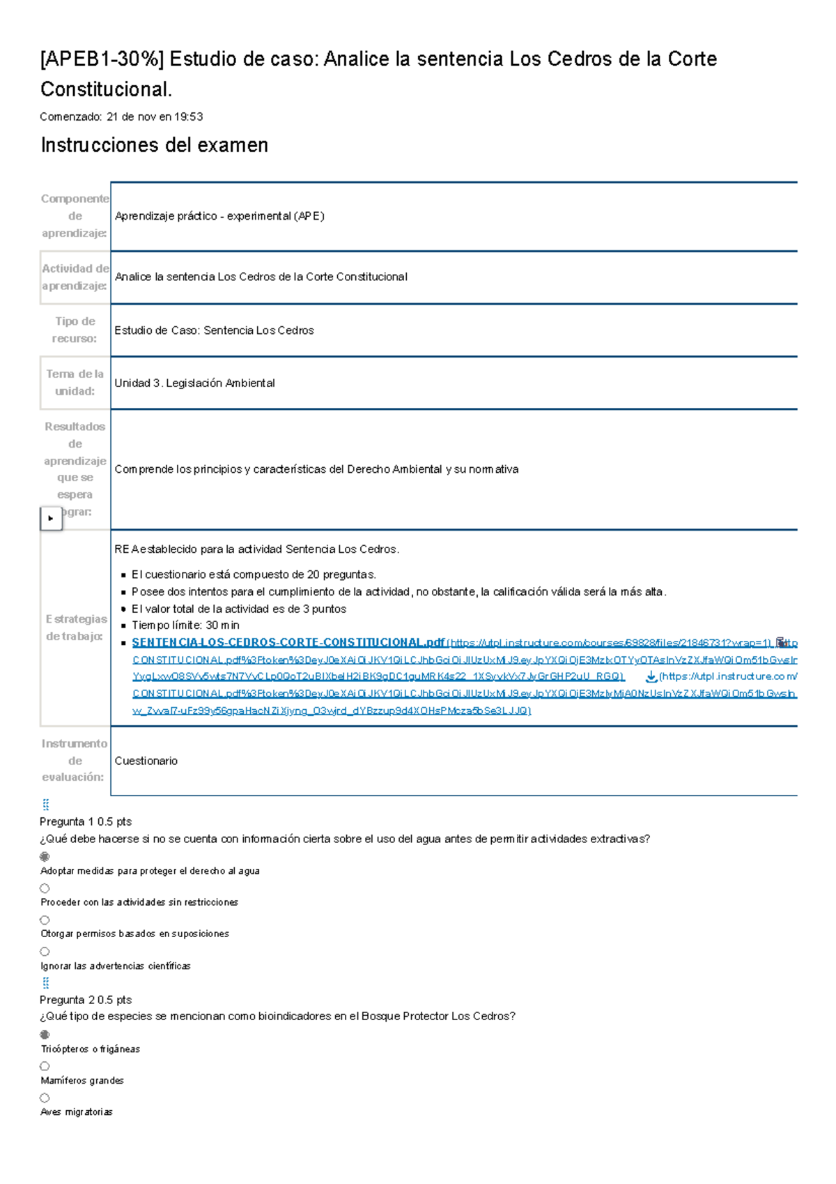 Examen [APEB 1-30%] Estudio de caso Analice la sentencia Los Cedros de la Corte Constitucional ...