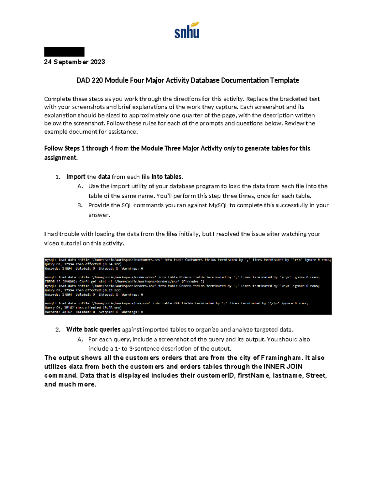 DAD 220 Module Four Major Activity Database Documentation Template - Replace the bracketed text ...