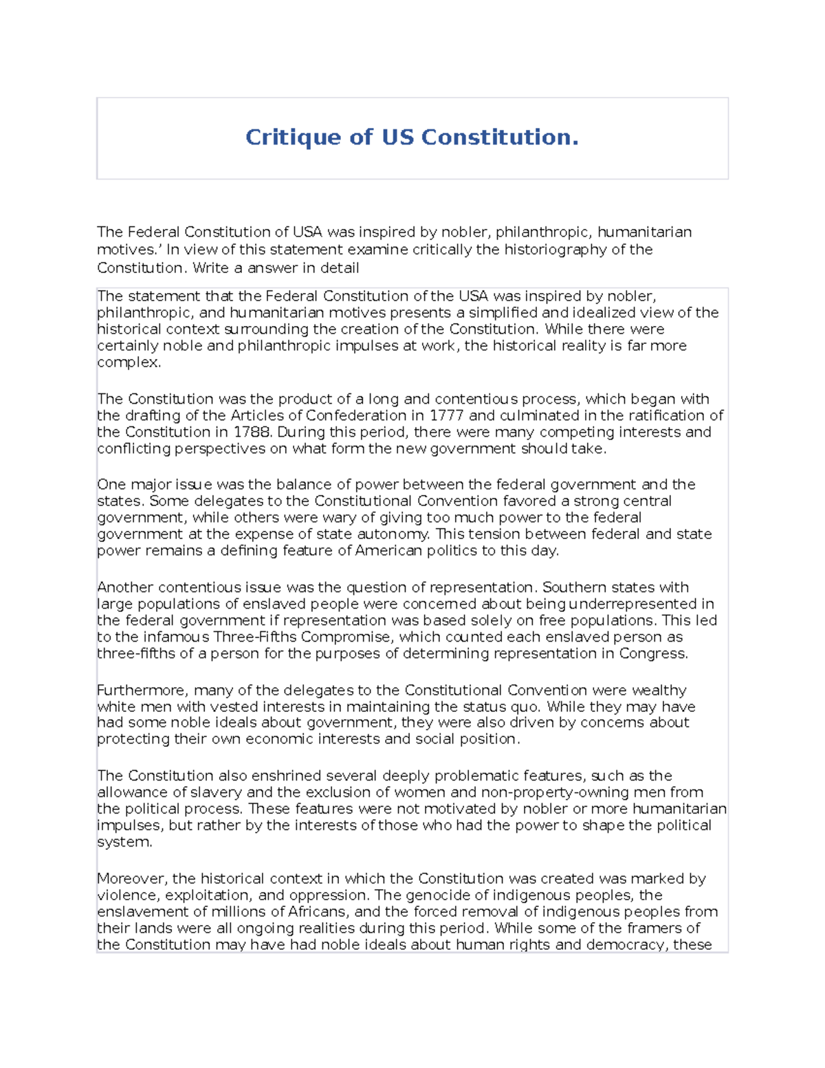 The Federal Constitution of USA was inspired by nobler, philanthropic ...