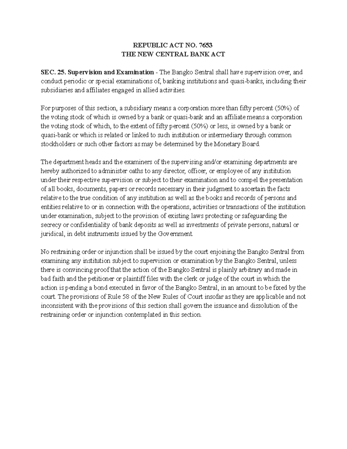 Provisions - REPUBLIC ACT NO. 7653 THE NEW CENTRAL BANK ACT SEC. 25 ...