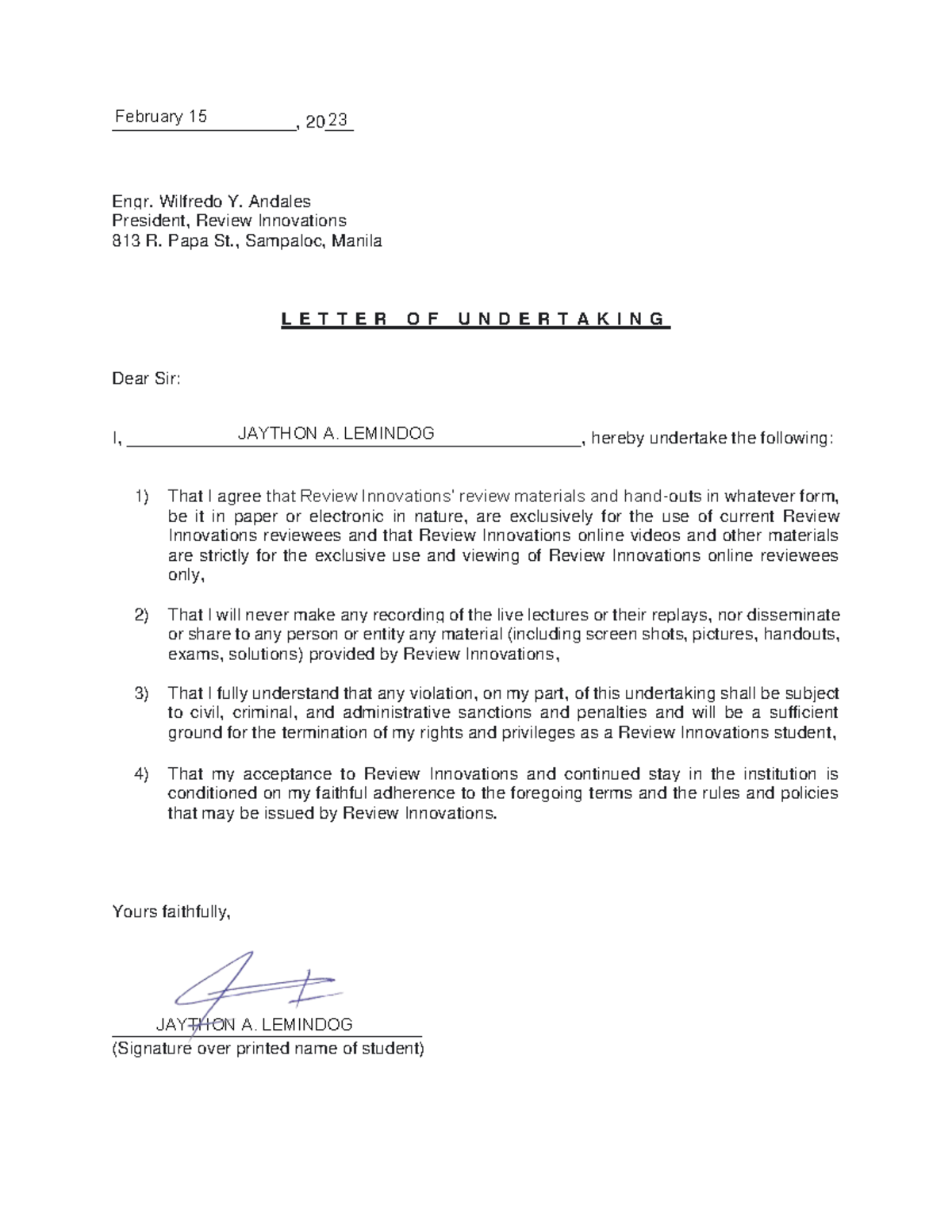 Letter-OF- Undertaking-FOR-MAY-2022- Review - ________________, 20 Engr ...