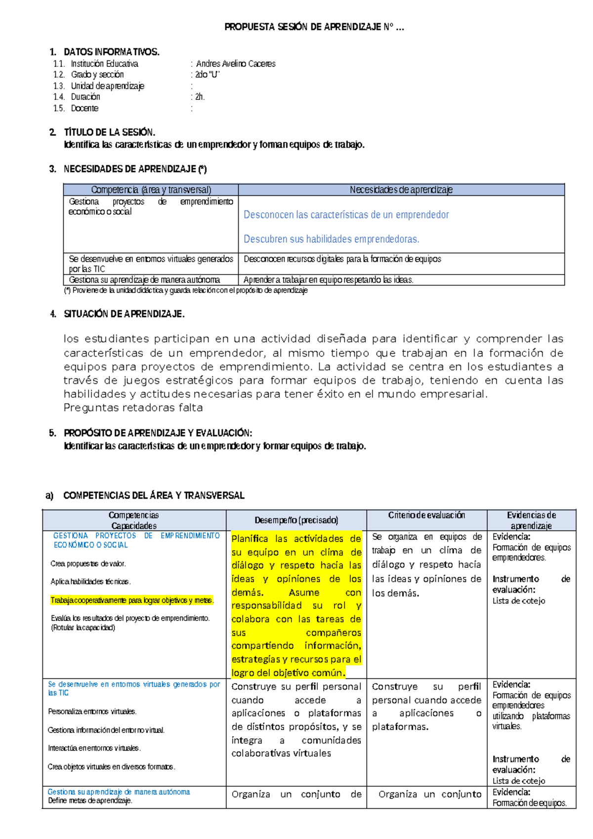 Ept Sesión 222- primer grupo - PROPUESTA SESIÓN DE APRENDIZAJE N° ... 1. DATOS INFORMATIVOS. 1 ...