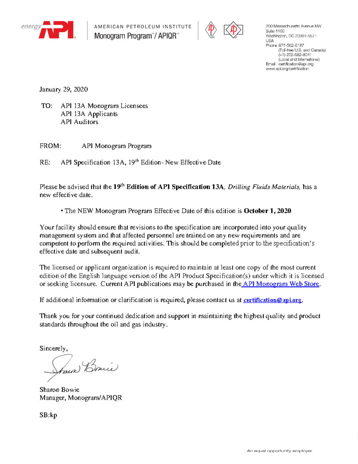 API Specification 13A 19th Update 29ENE19 - January 29, 2020 TO: API ...