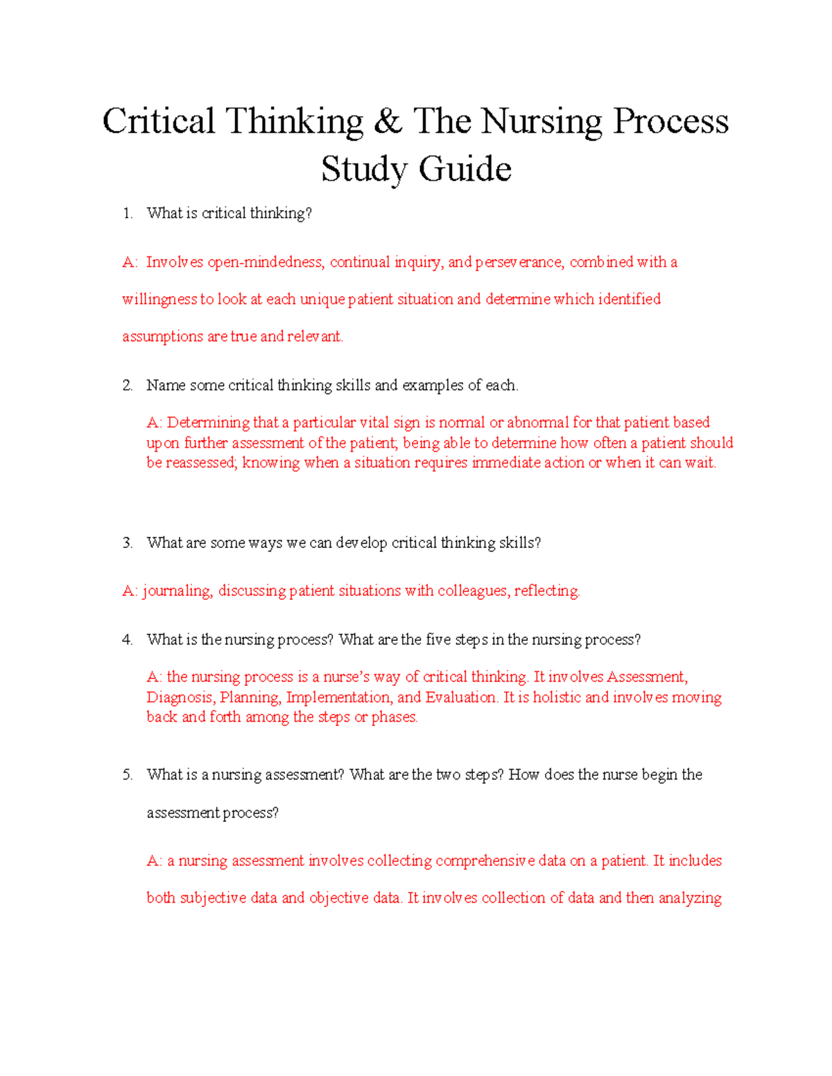 226Critical Thinking Nursing Process and Documentation Study Guides with answers - Critical ...