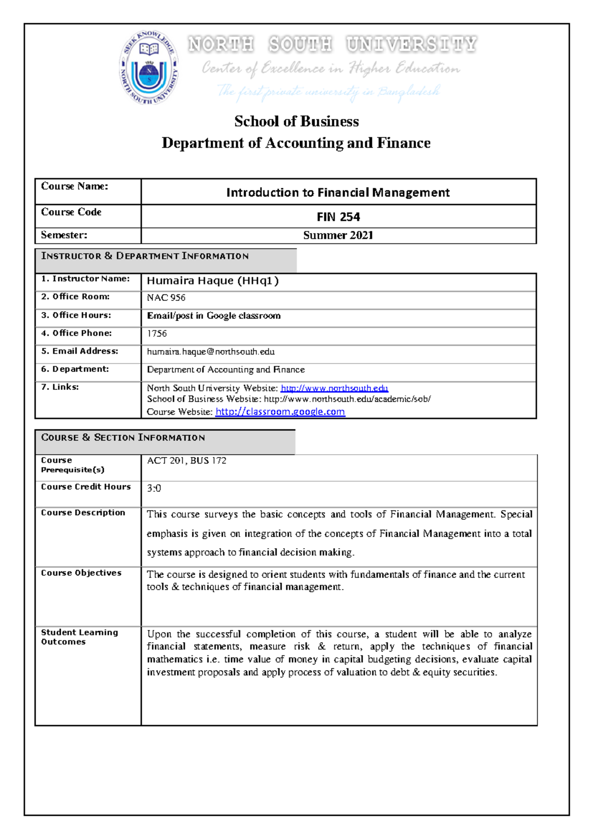 FIN 254 Course Outline Summer 2021 - School of Business Department of ...