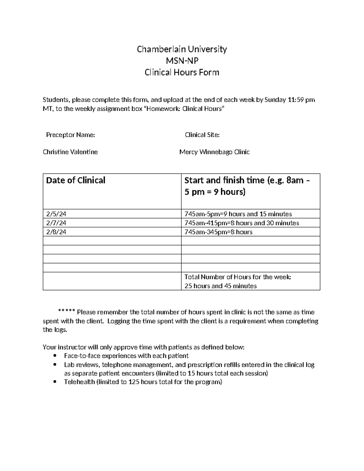 Week 5 clinical log - Logs - Chamberlain University MSN-NP Clinical ...