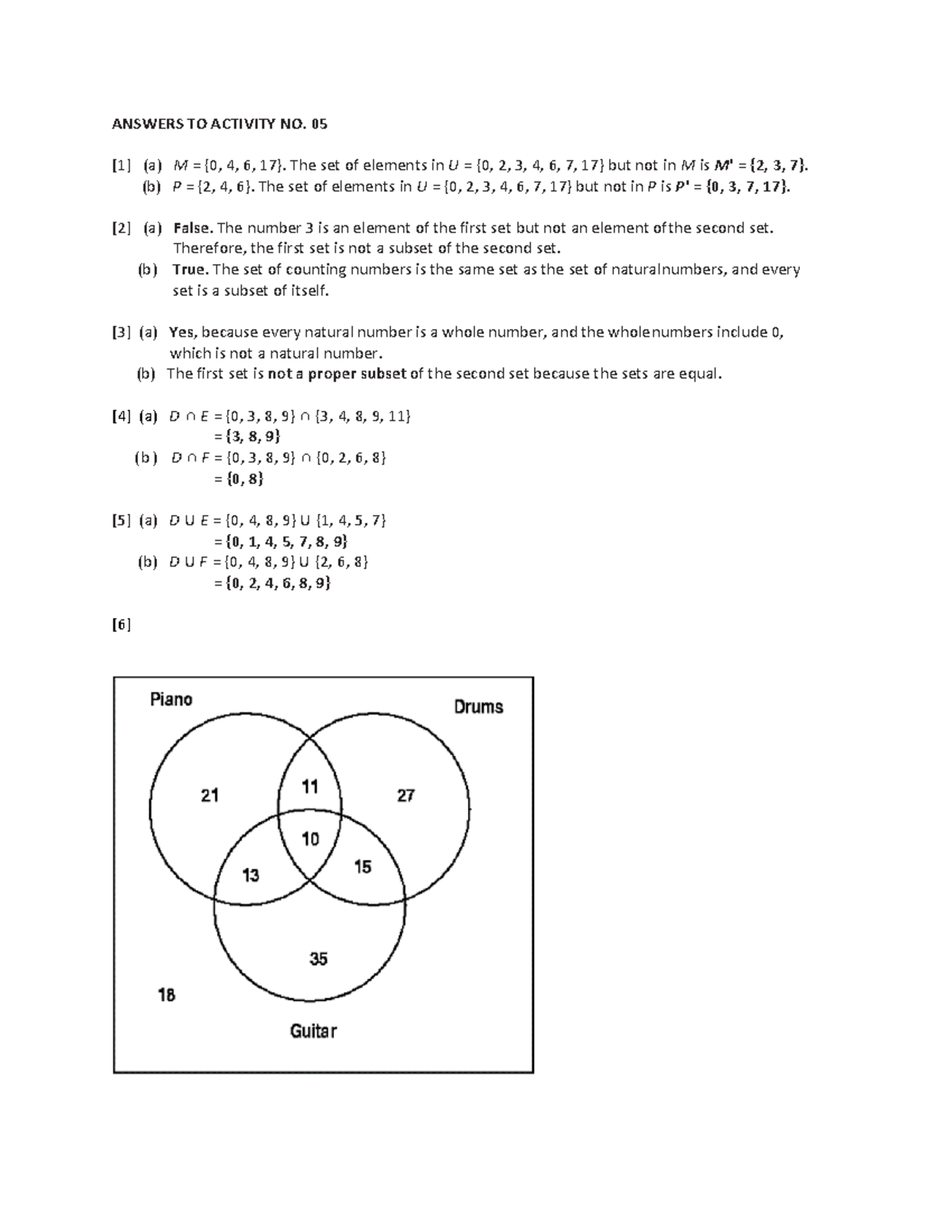 Answers TO Activity NO. 5 - ANSWERS TO ACTIVITY NO. 05 [1] (a) M = {0 ...