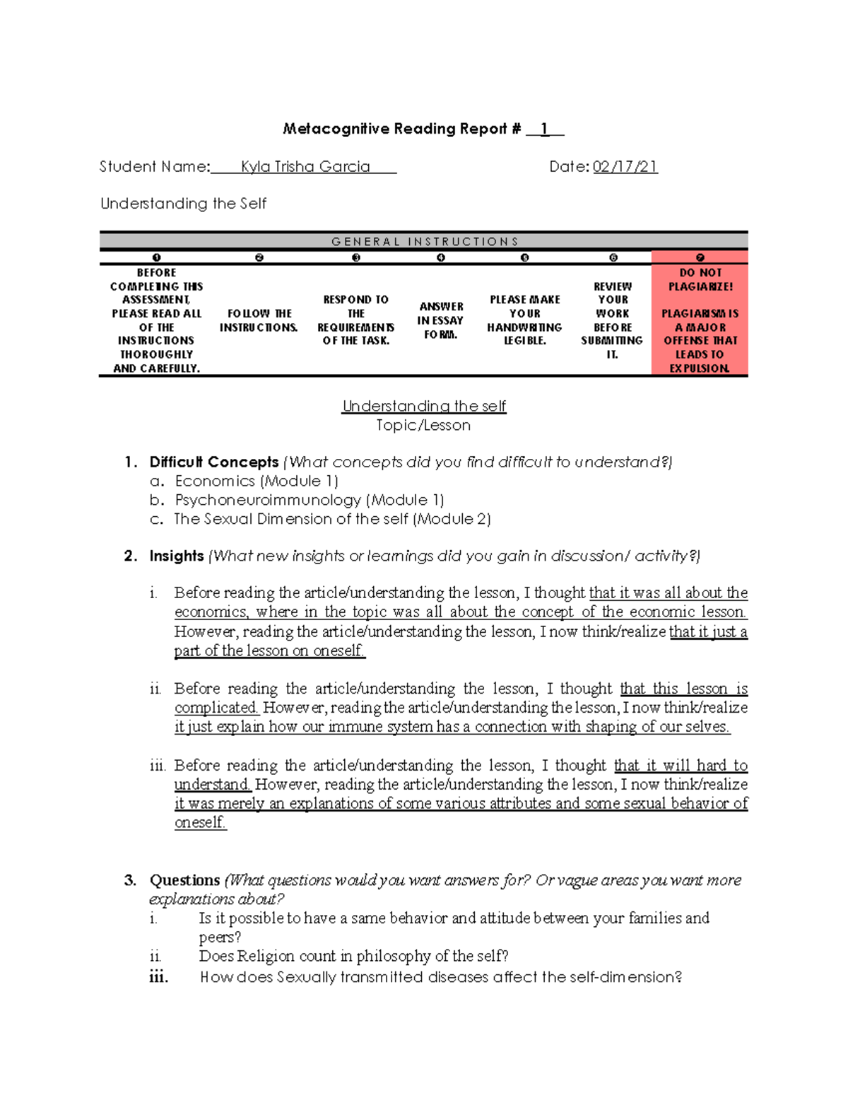 MMR 1 Understanding the self - Metacognitive Reading Report # 1 Student ...