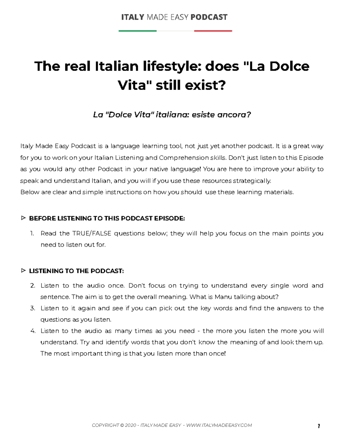 IME Podcast 025 The real Italian lifestyle.docx - The real Italian ...