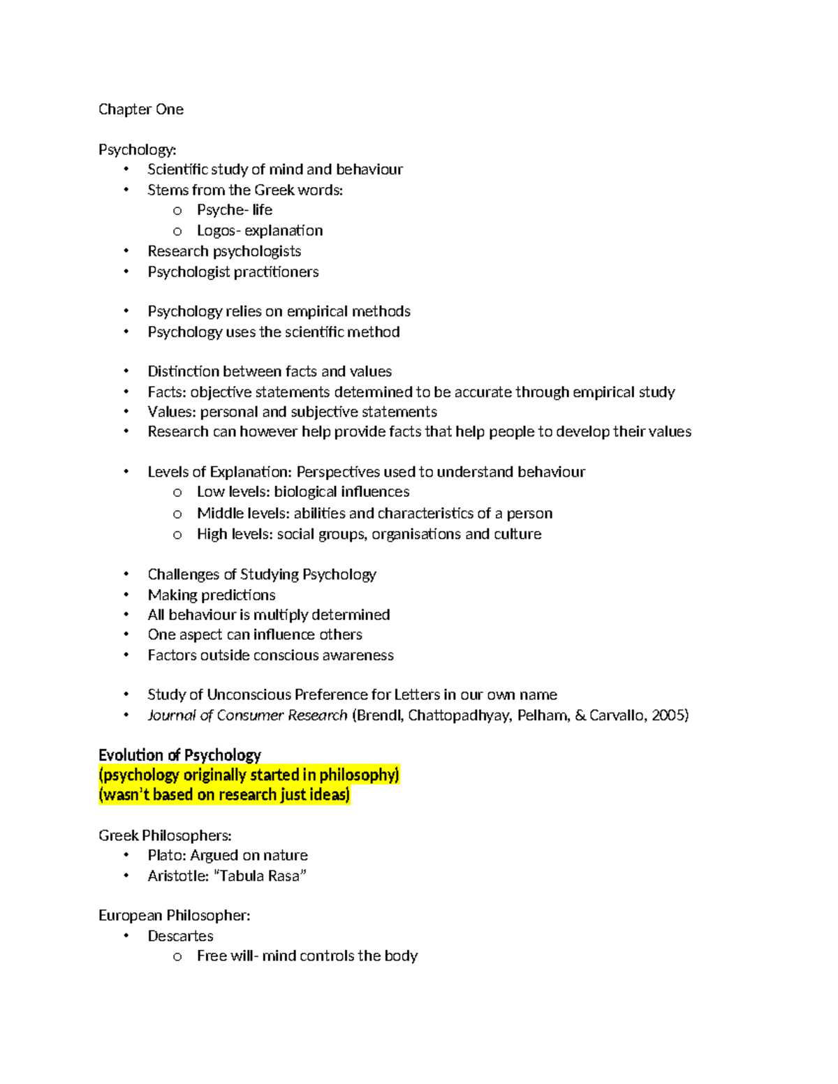 Chapter 1 Skeleton Notes - Chapter One Psychology: - Scientific study ...