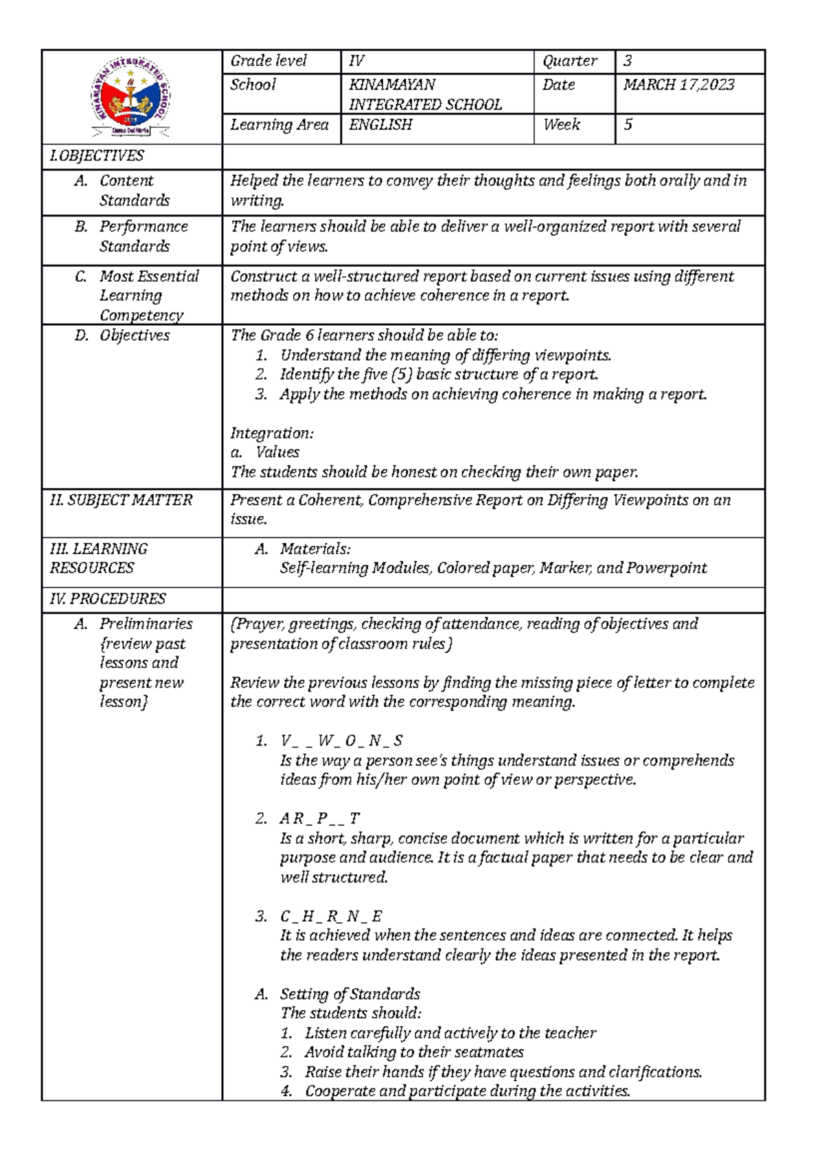 Checked DEMO Teaching Lesson PLAN English 6 - Grade level IV Quarter 3 ...