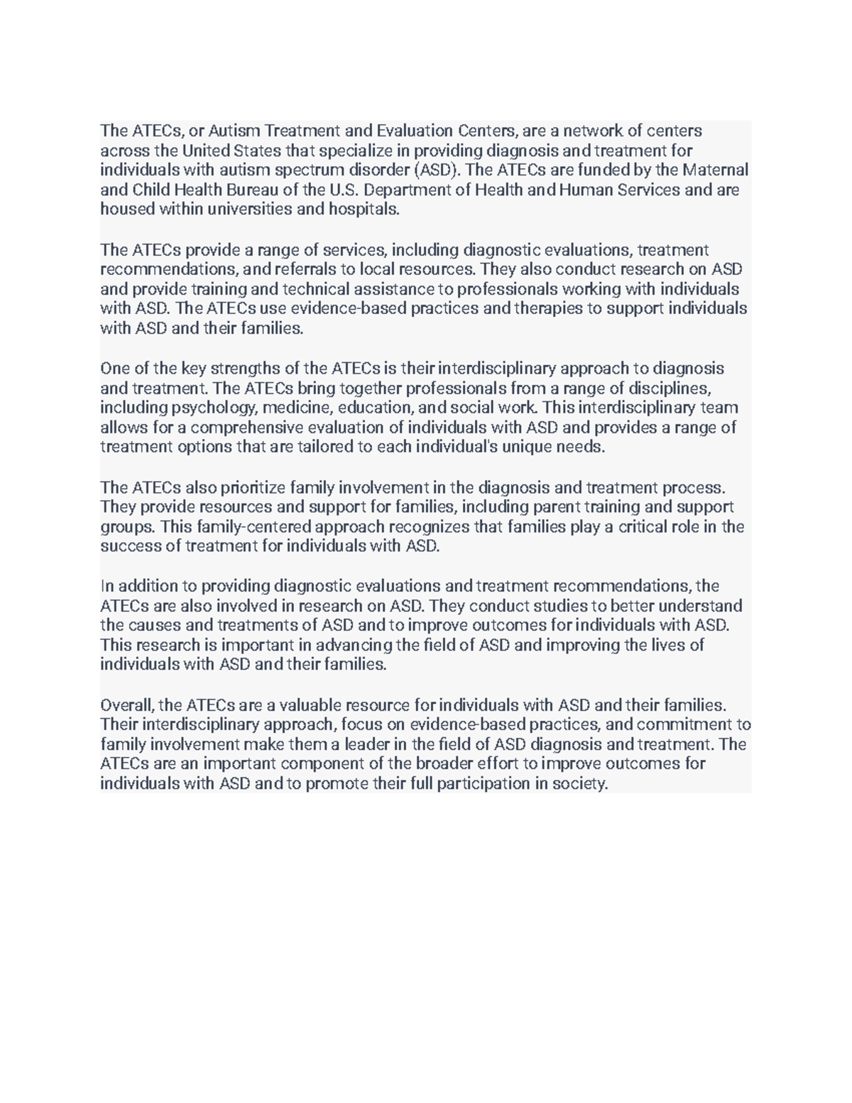 ATEC essay - The ATECs, or Autism Treatment and Evaluation Centers, are ...