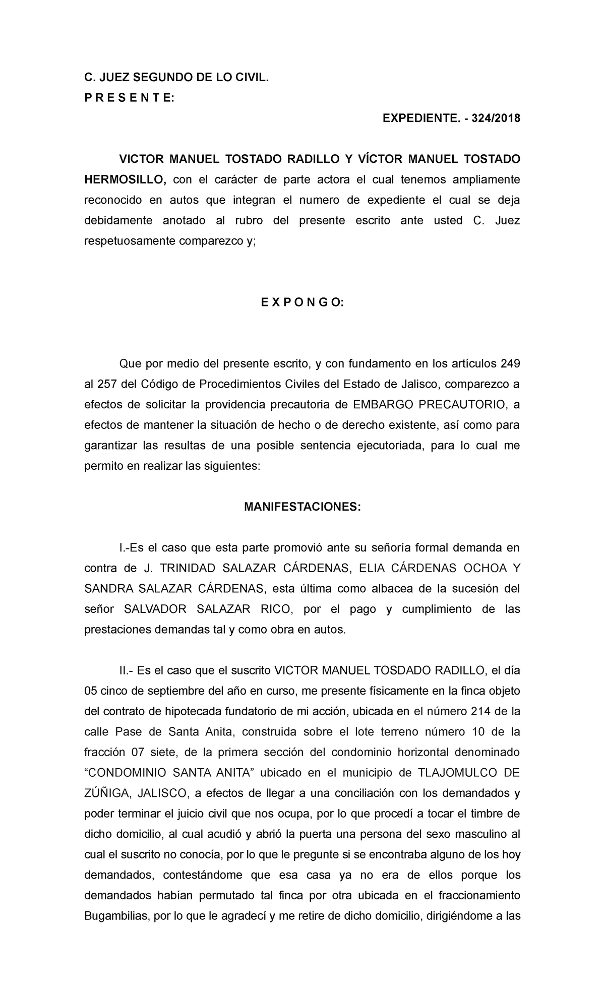 Solicitud Embargo Precautorio - C. JUEZ SEGUNDO DE LO CIVIL. P R E S E ...